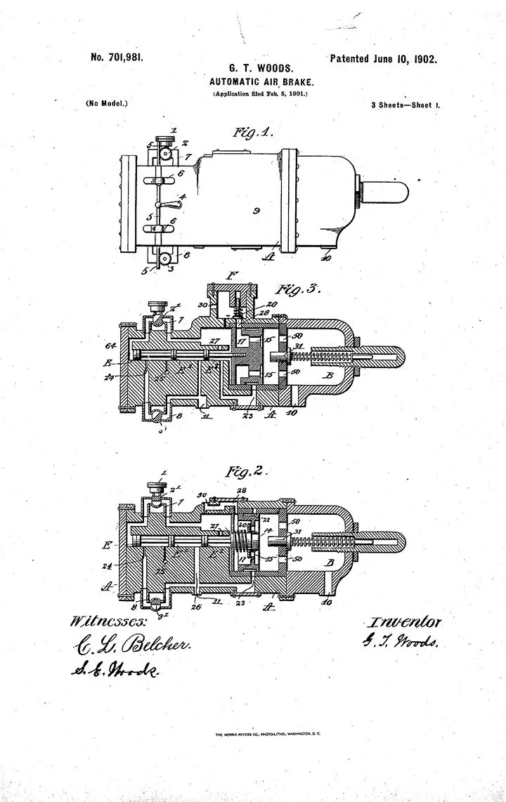 ग्रॅनविले टी. वुड्सच्या स्वयंचलित एअर ब्रेकसाठी पेटंट, 1902