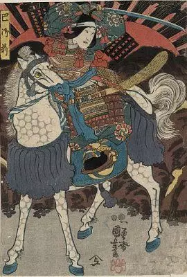 Tisk Kuniyoshi Utagawa, c. 1848-1854 Tomoe Gozen na konju