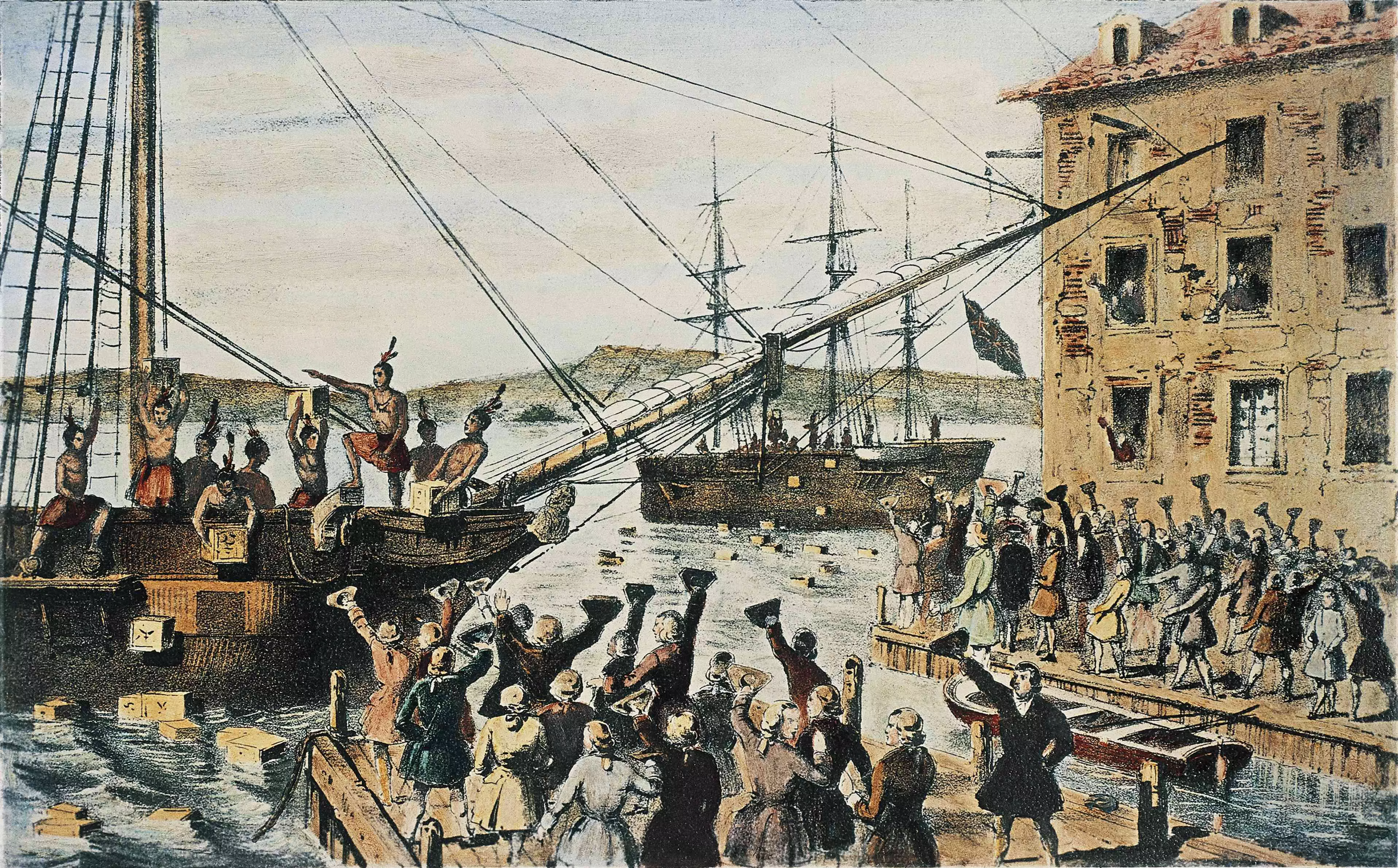 Boston Tea Party, engelske tekister kastet over bord i Boston Harbor af kolonister, 16. december 1773