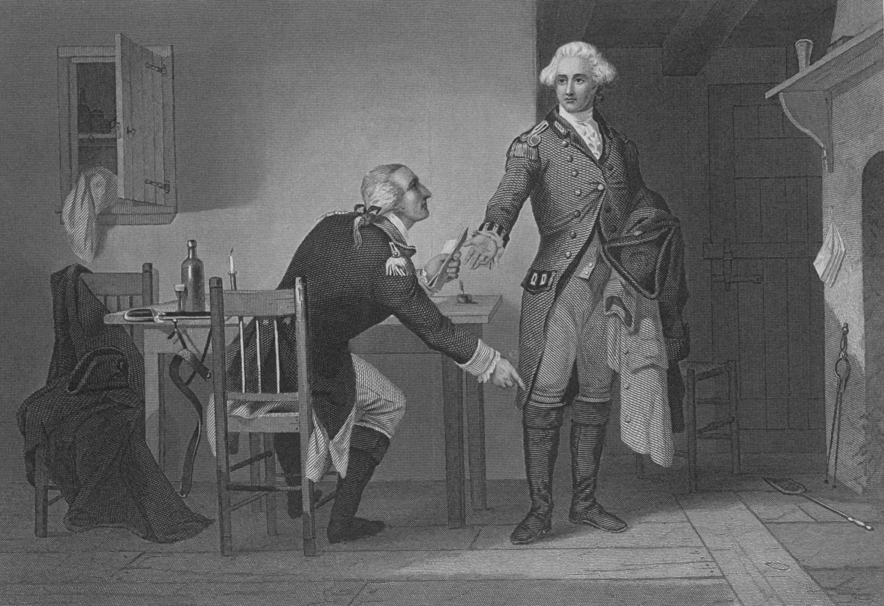 Den amerikanske revolutionære general og forræder Benedict Arnold (1741-1801) konspirerer med den loyale britiske major John Andre om at begå forræderi.