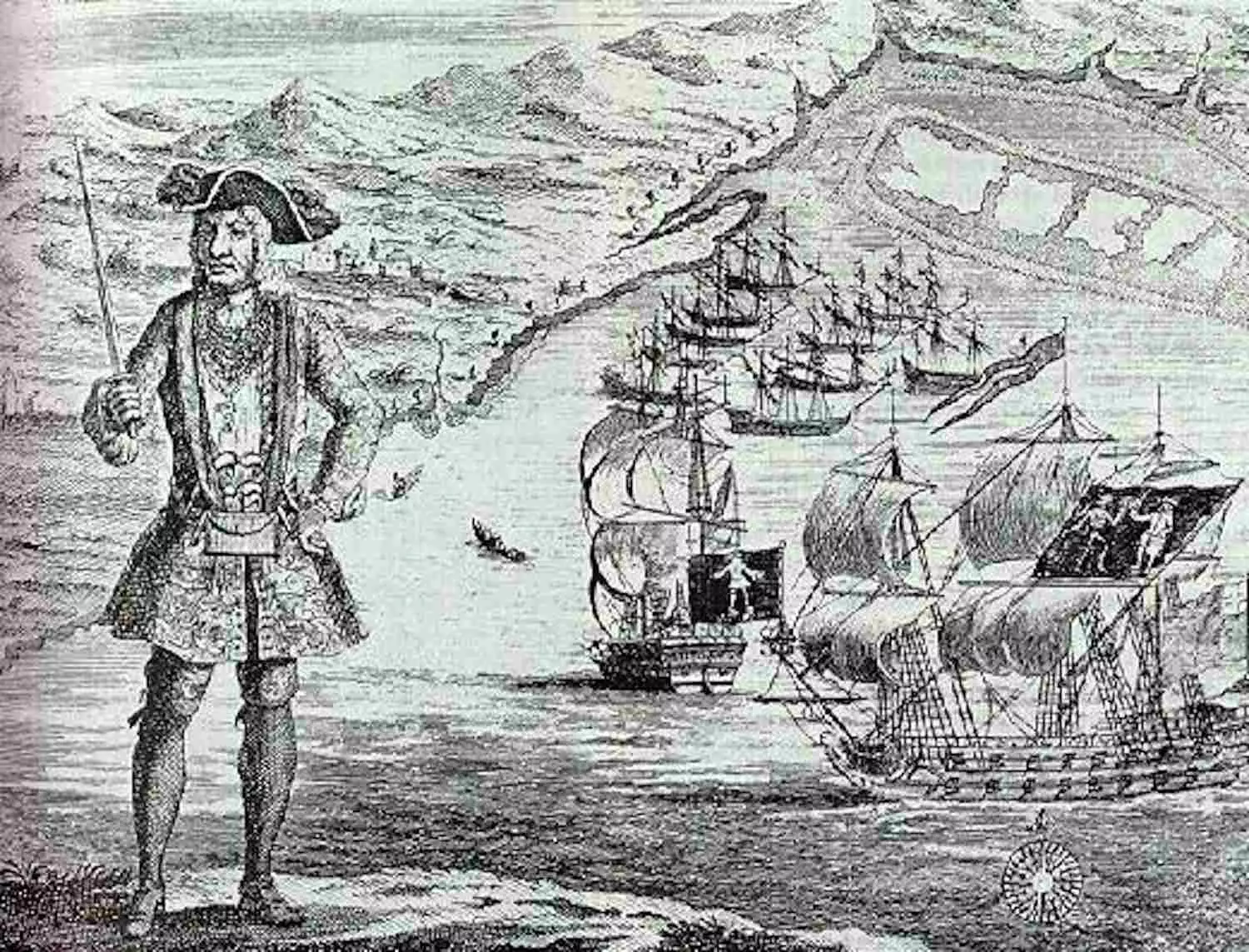 Si Bartholomew Roberts uban sa iyang barko ug nakuha ang mga barkong pangnegosyo sa luyo. Usa ka kinulit nga tumbaga[1] gikan sa A History of the Pyrates ni Kapitan Charles Johnson c. 1724