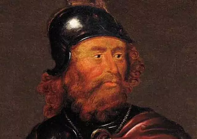 Pagpinta ni King Robert the Bruce na nakasuot ng helmet.