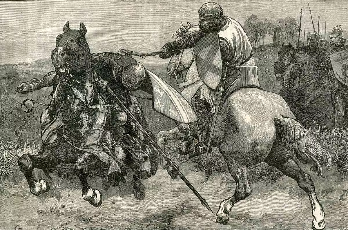 Robert Bruce frape Henry de Bohun nan tèt la ak yon rach.