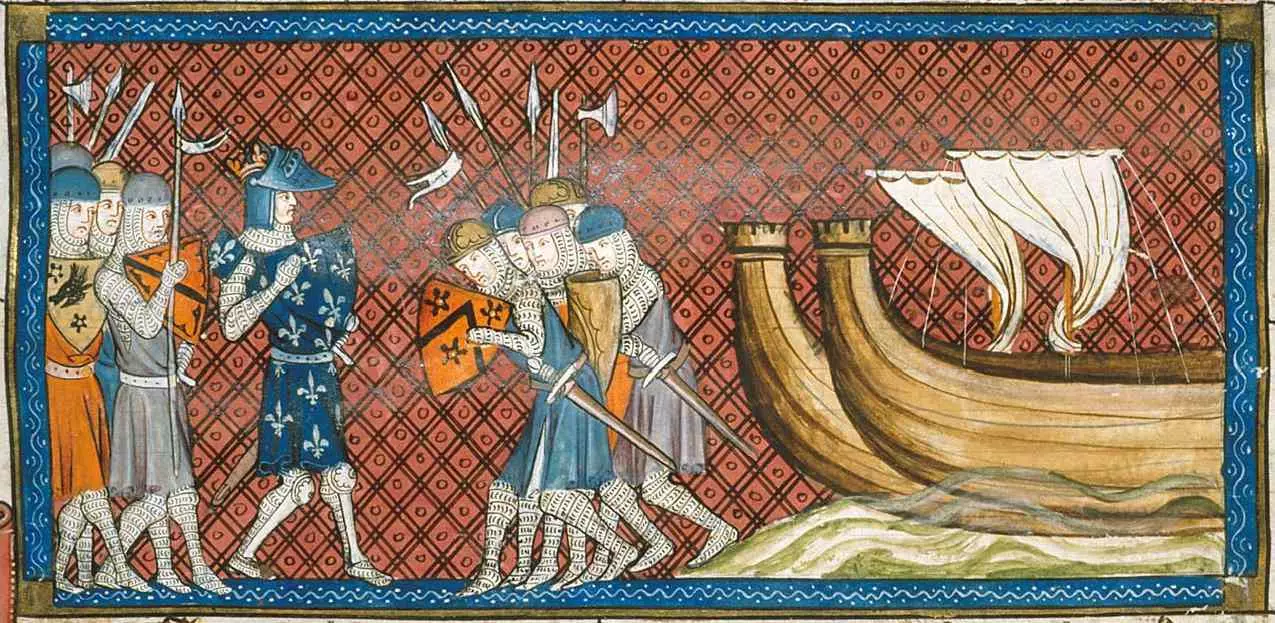 騎士がお辞儀をしている船の近くに立っているフランスのフィリップ2世。