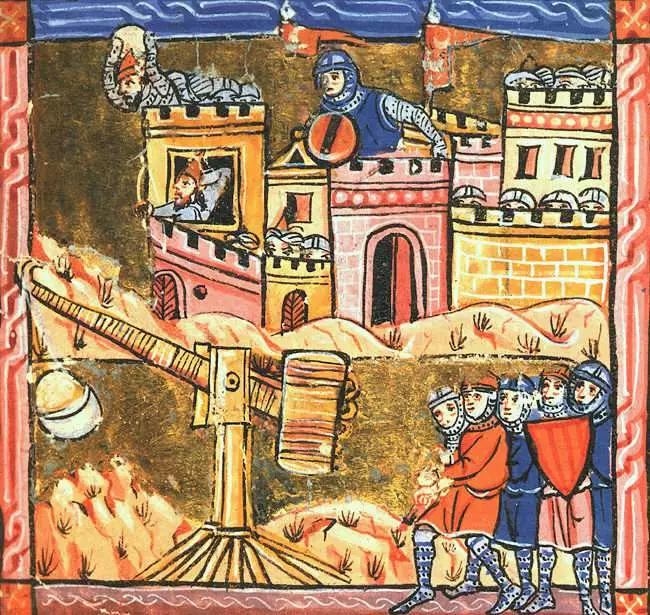 Ritter mat engem Trebuchet ausserhalb vun de Mauere vun Acre.