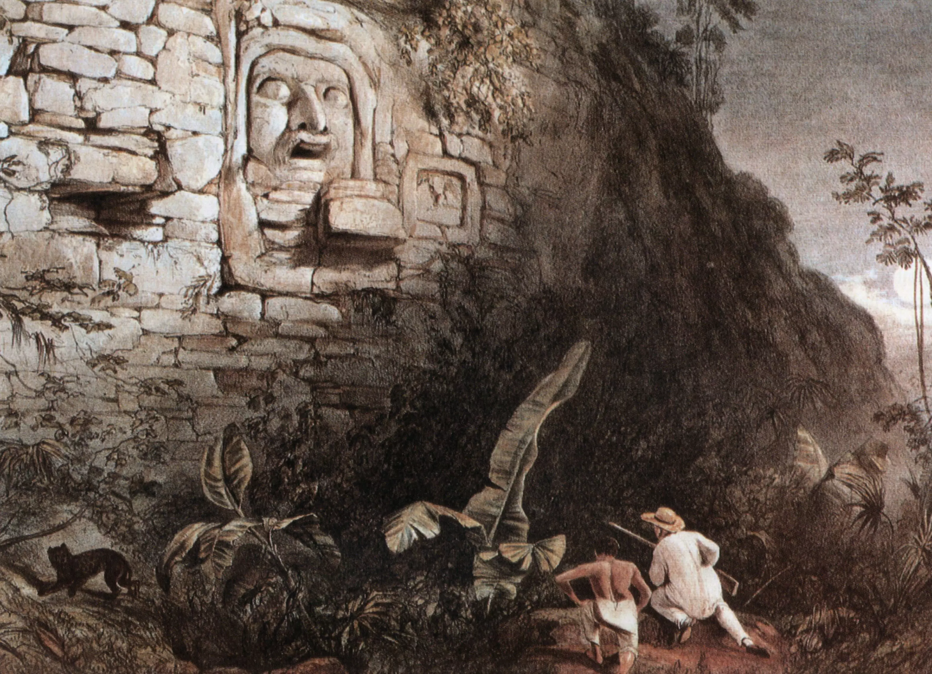 Скульптура майя Іцамна, літографія Фредеріка Кетервуда 1841 року: це єдине зображення цієї ліпної маски (висота 2 м). Сцена полювання: білий мисливець і його провідник полювання на котів
