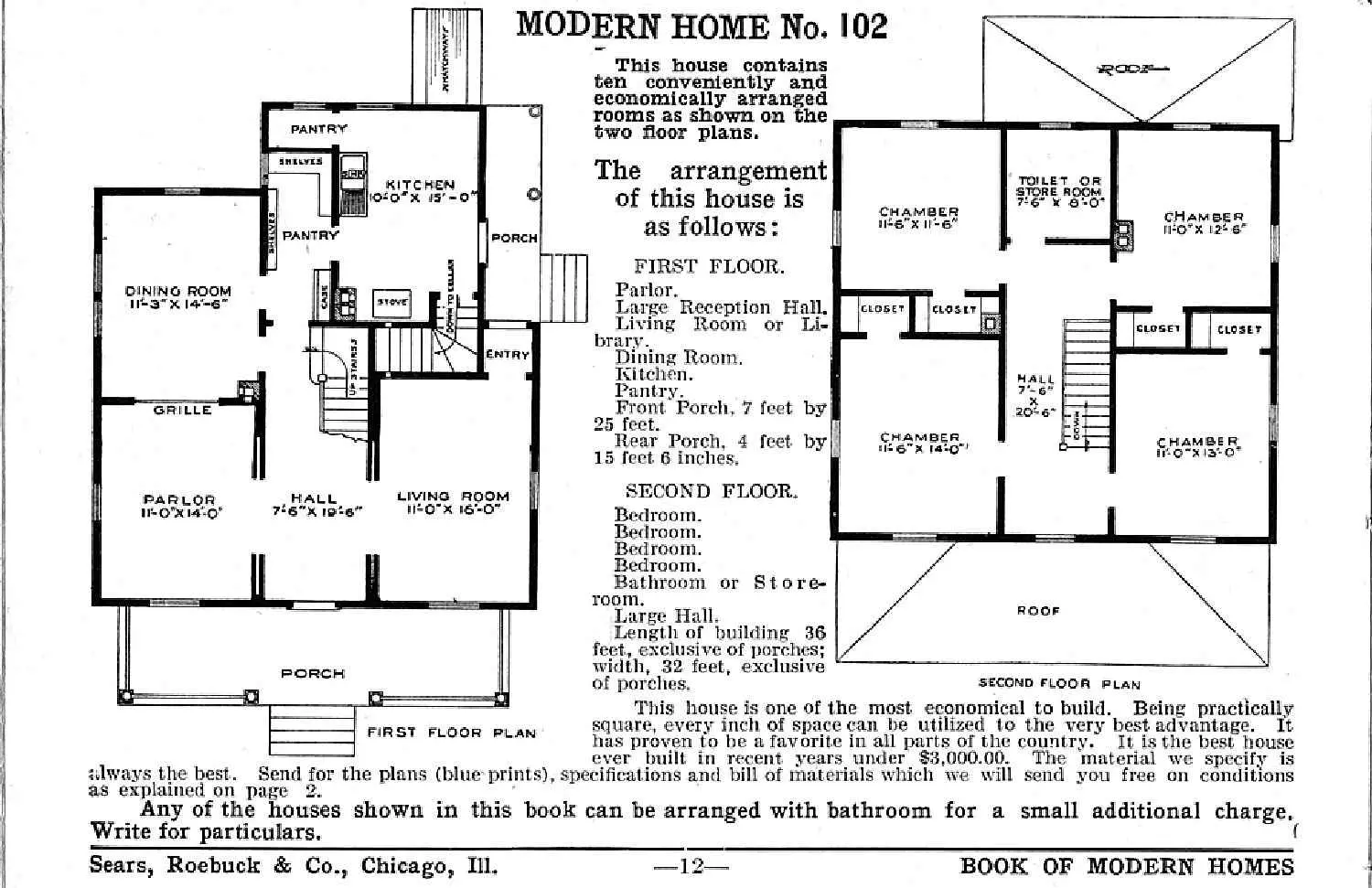 American Foursquare Floor Plan aus Sears Book of Modern Homes, Nummer 102 für 2065 $