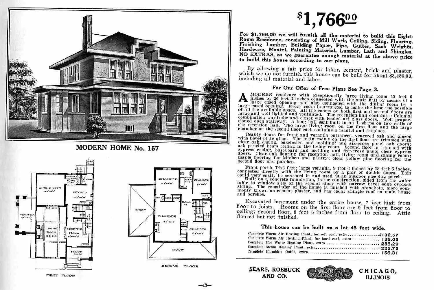 Schwarz-Weiß-Illustration und Grundrisse des modernen Hauses Nr. 157 für 1.766,00 $ aus dem Sear, Roebuck-Katalog des frühen 20. Jahrhunderts