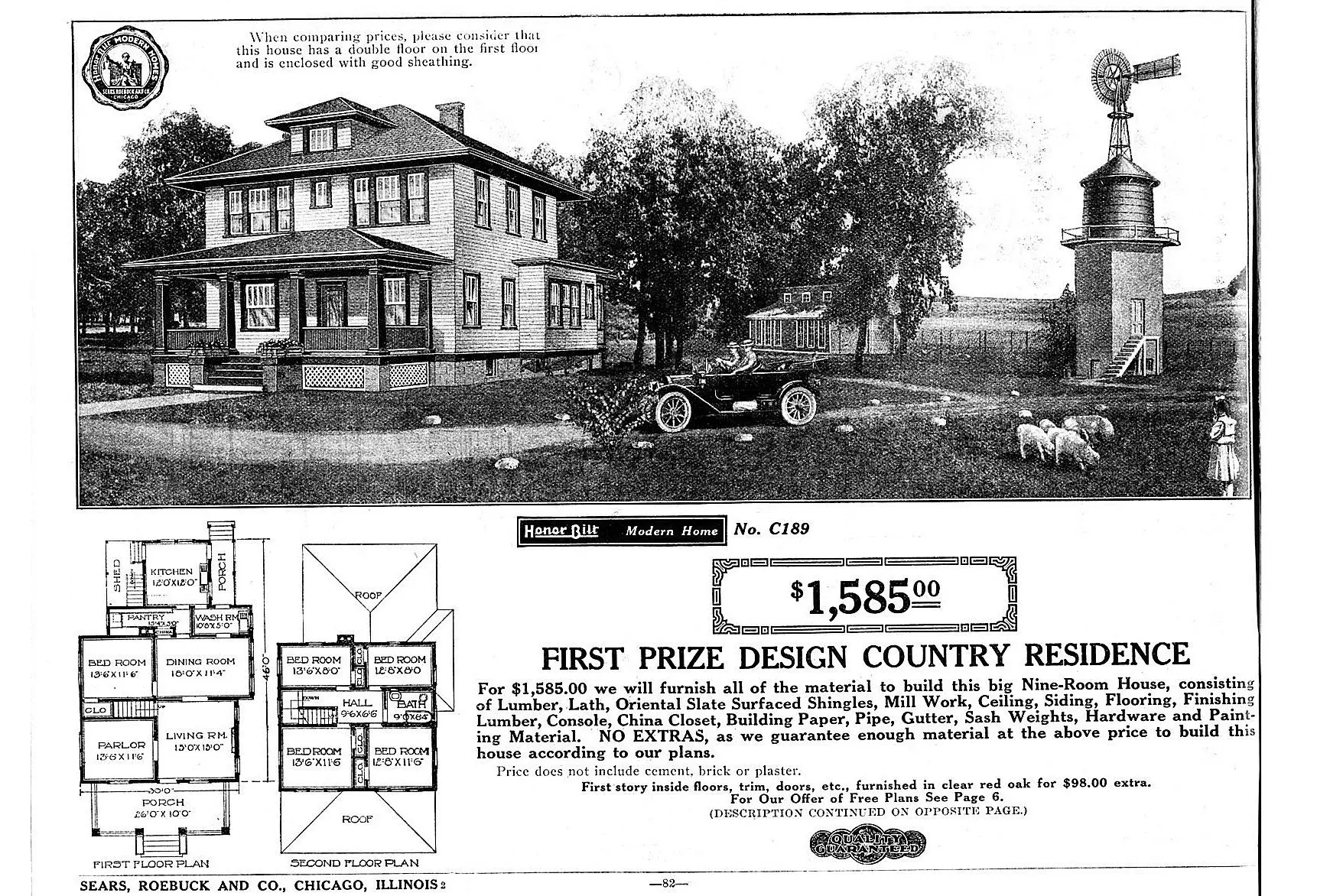 Schwarz-Weiß-Illustration und Bodenpolan der First Prize Design Country Residence von Sears, Roebuck and Co.