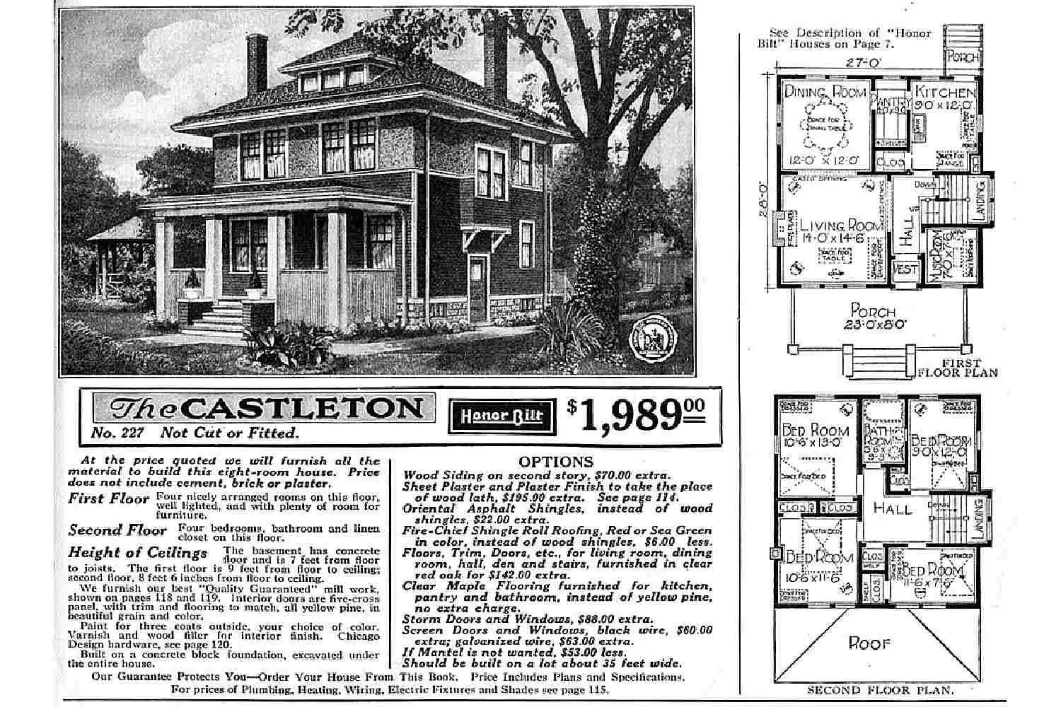 Schwarz-Weiß-Illustration und Grundriss eines Sears-Katalogs, Heimat des Foursquare-Stils