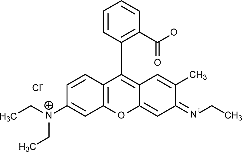 Dit is de chemische structuur van rhodamine B.