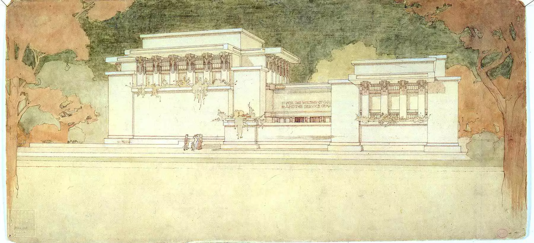 Kresba chrámu jednoty od Franka Lloyda Wrighta