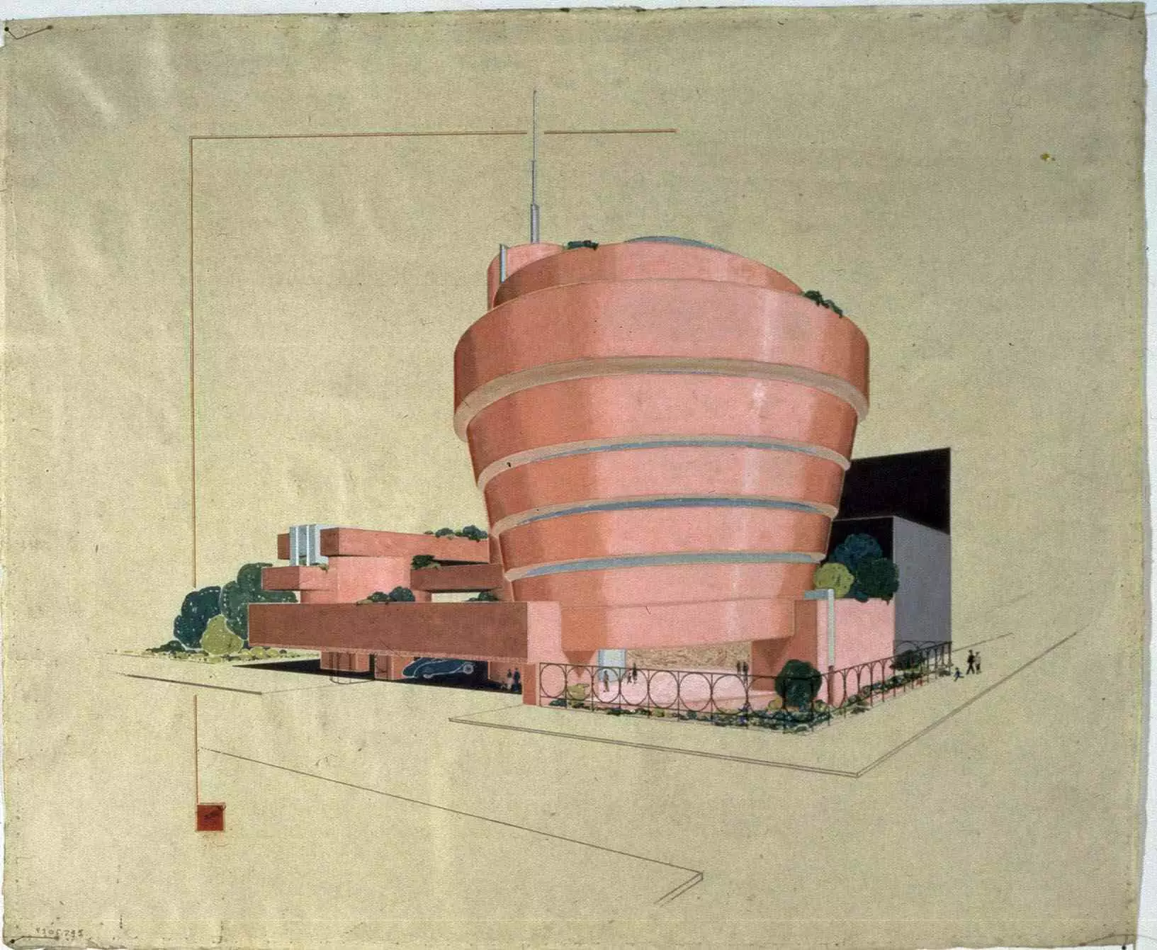 Solomon R. Guggenheim-museet renderat med bläck och penna på kalkerpapper, av Frank Lloyd Wright
