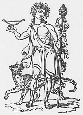 Un'immagine del dio Bacco o Dioniso, dalla mitologia di Keightley, 1852.