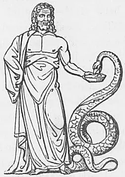 Un'immagine del figlio del dio Phoebus Apollo Asculapius, dalla mitologia di Keightley, 1852.