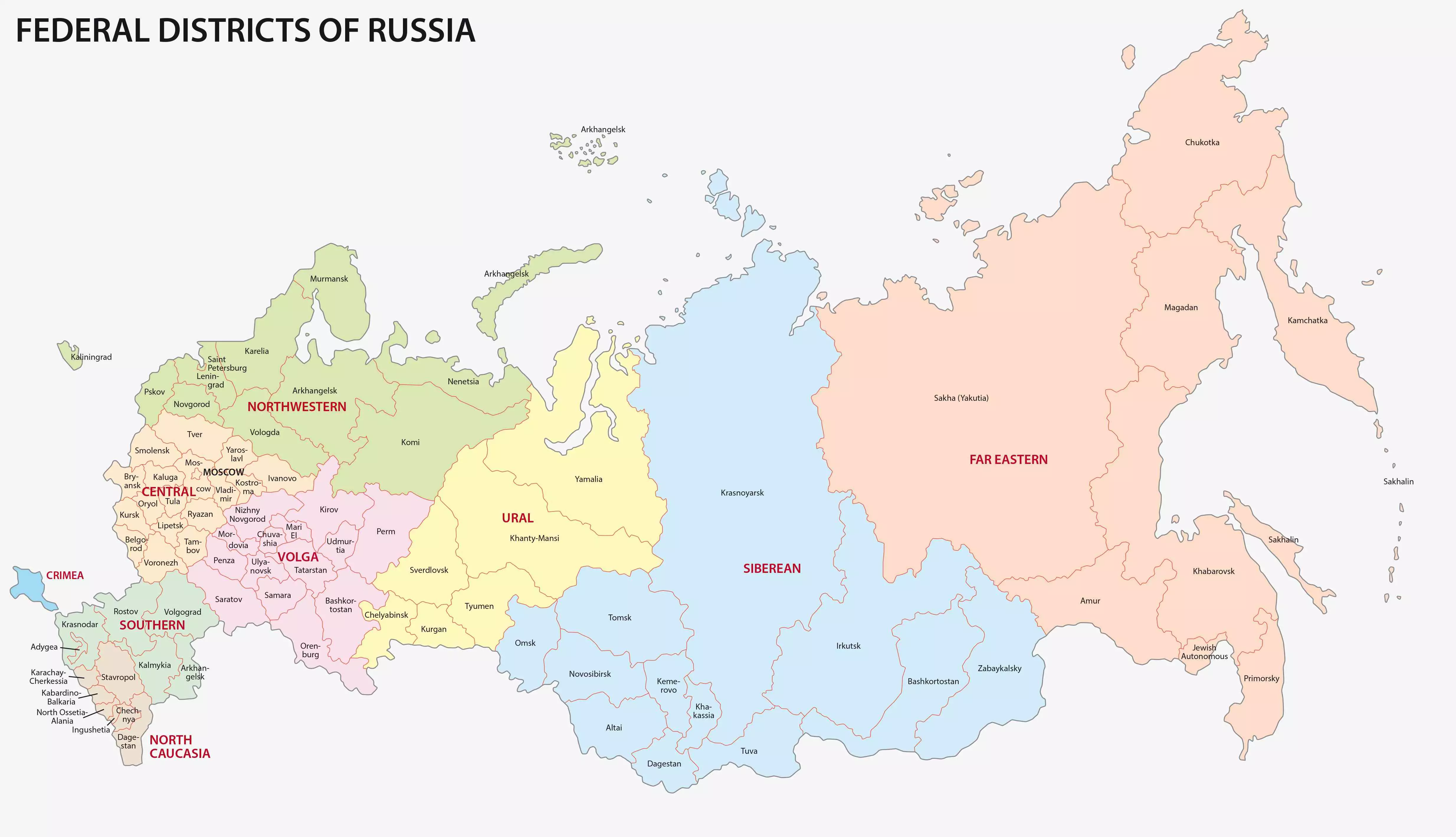 Mapa dos distritos federais de Rusia