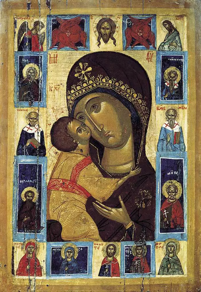 De Maagd Eleusa met geselecteerde heiligen, begin 16e eeuw.