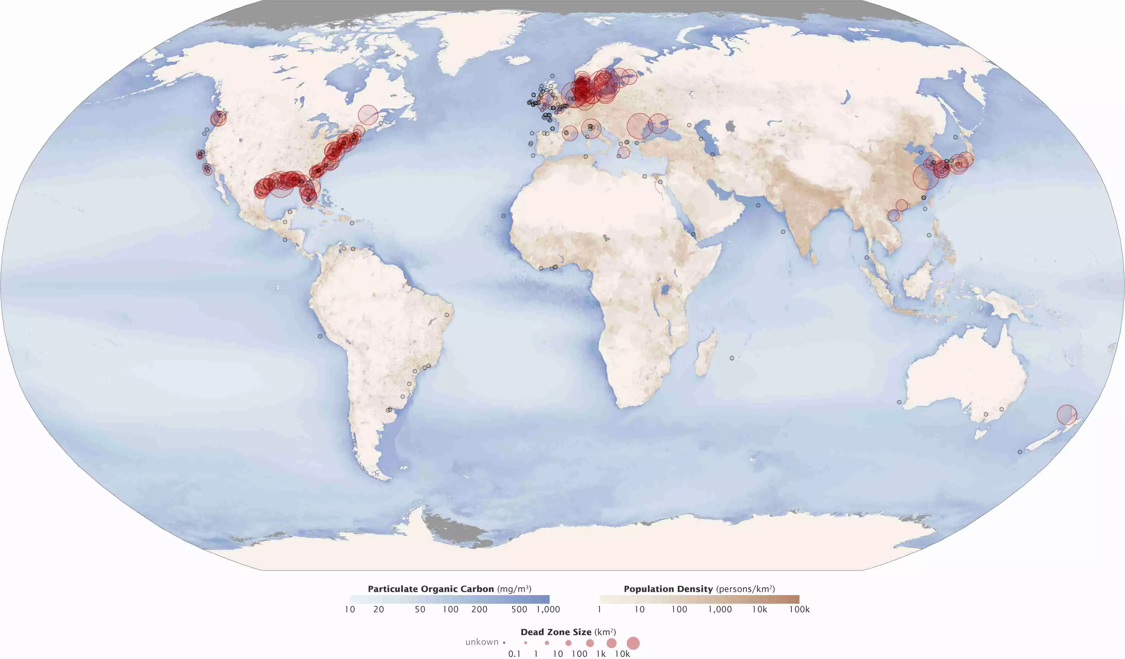 Os círculos vermellos mostran o tamaño e a localización das zonas mortas en 2010. Os puntos negros indican zonas mortas de tamaño descoñecido. As rexións azuis escuros indican auga excesivamente fértil que pode dar lugar a zonas mortas.