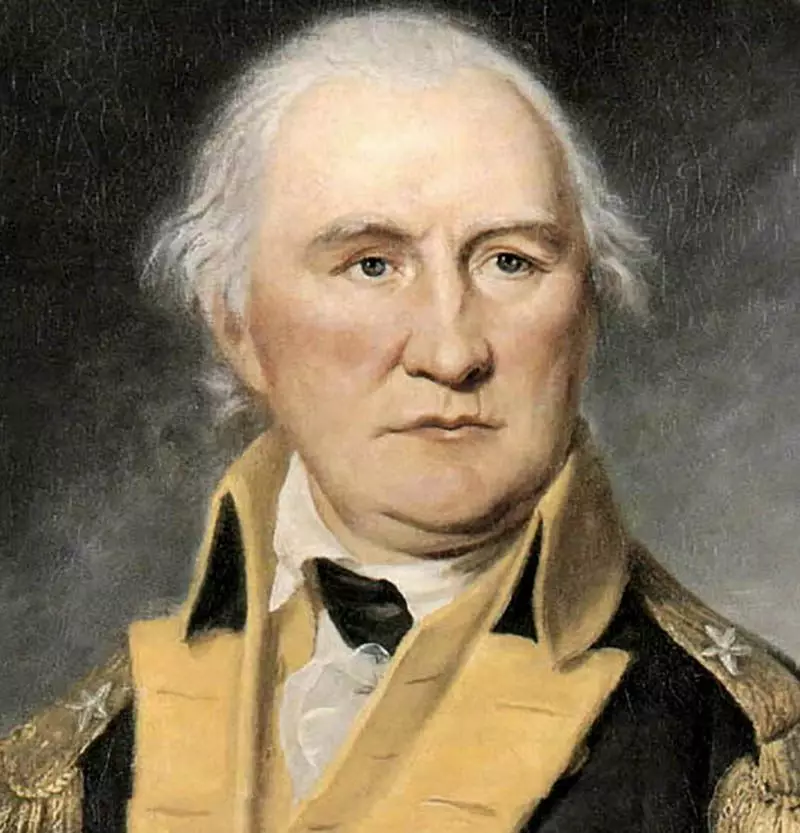 Daniel Morgan sa asul nga Continental Army nga uniporme.