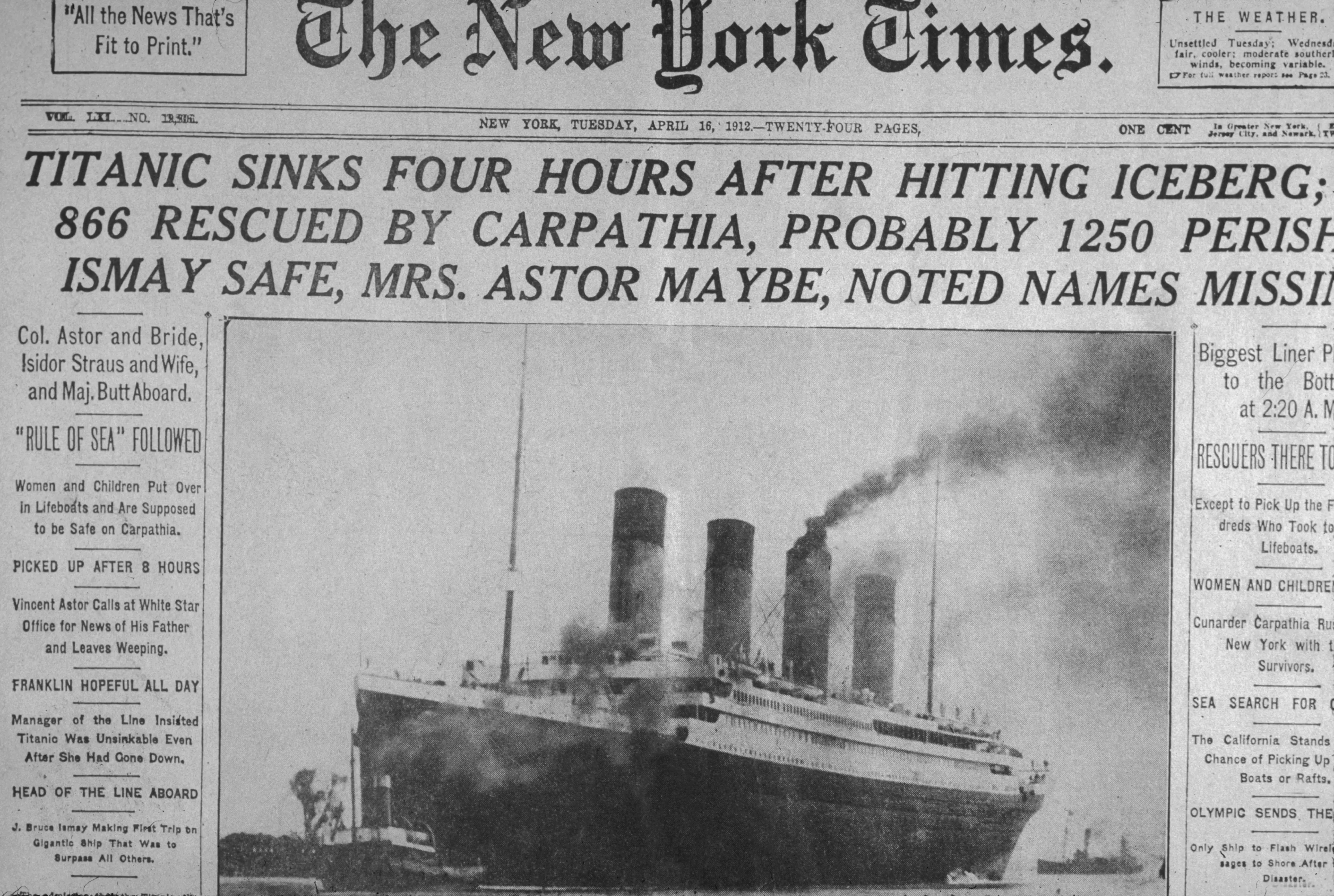 Leathanach tosaigh an New York Times - An Titanic a Fháil