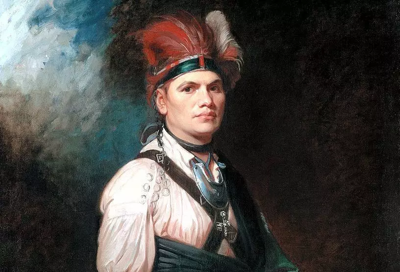 Joseph Brant v indiánských šatech s čelenkou