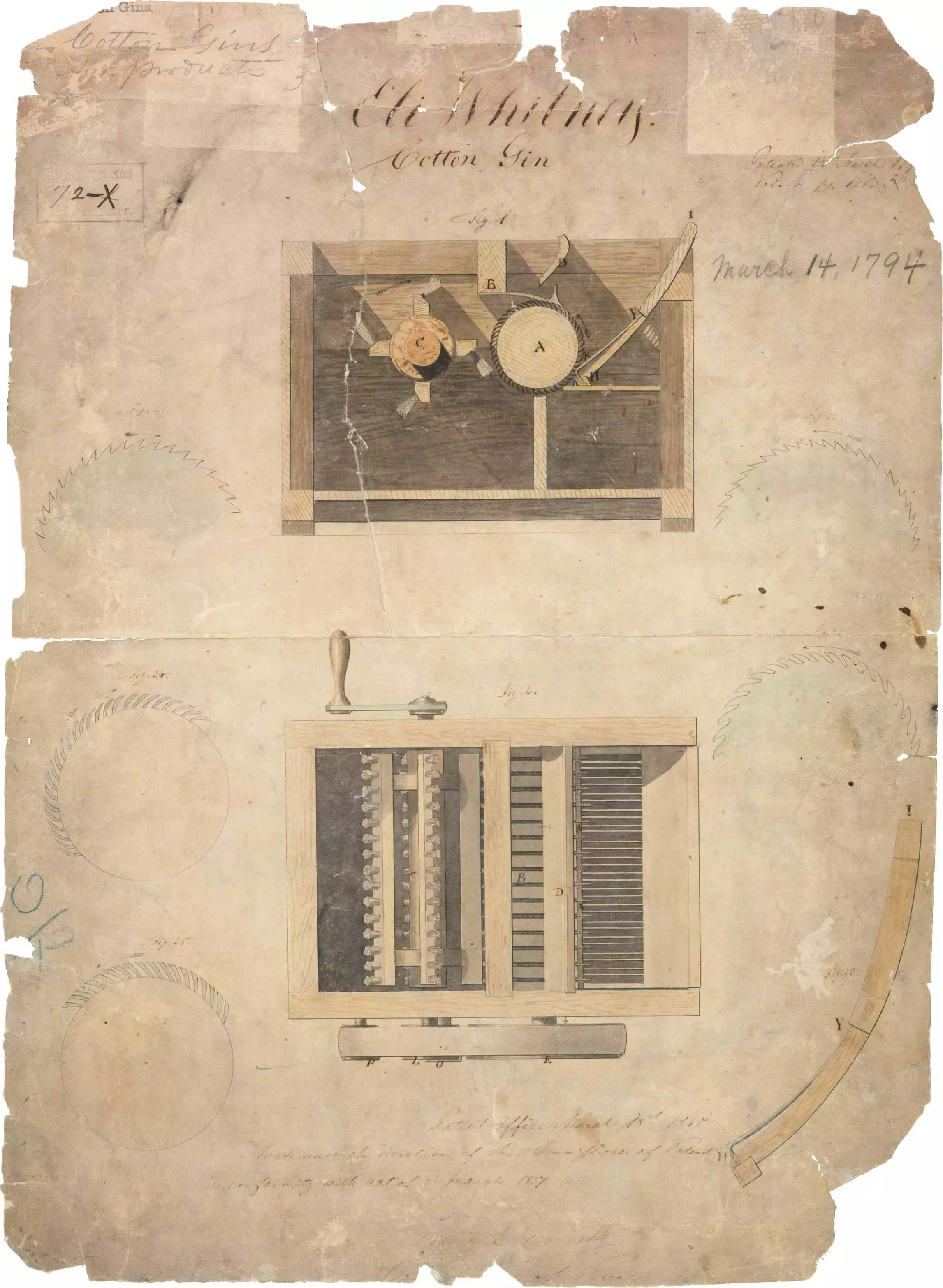 Patente orixinal de Eli Whitney para a desmotadora de algodón, datada o 14 de marzo de 1794.