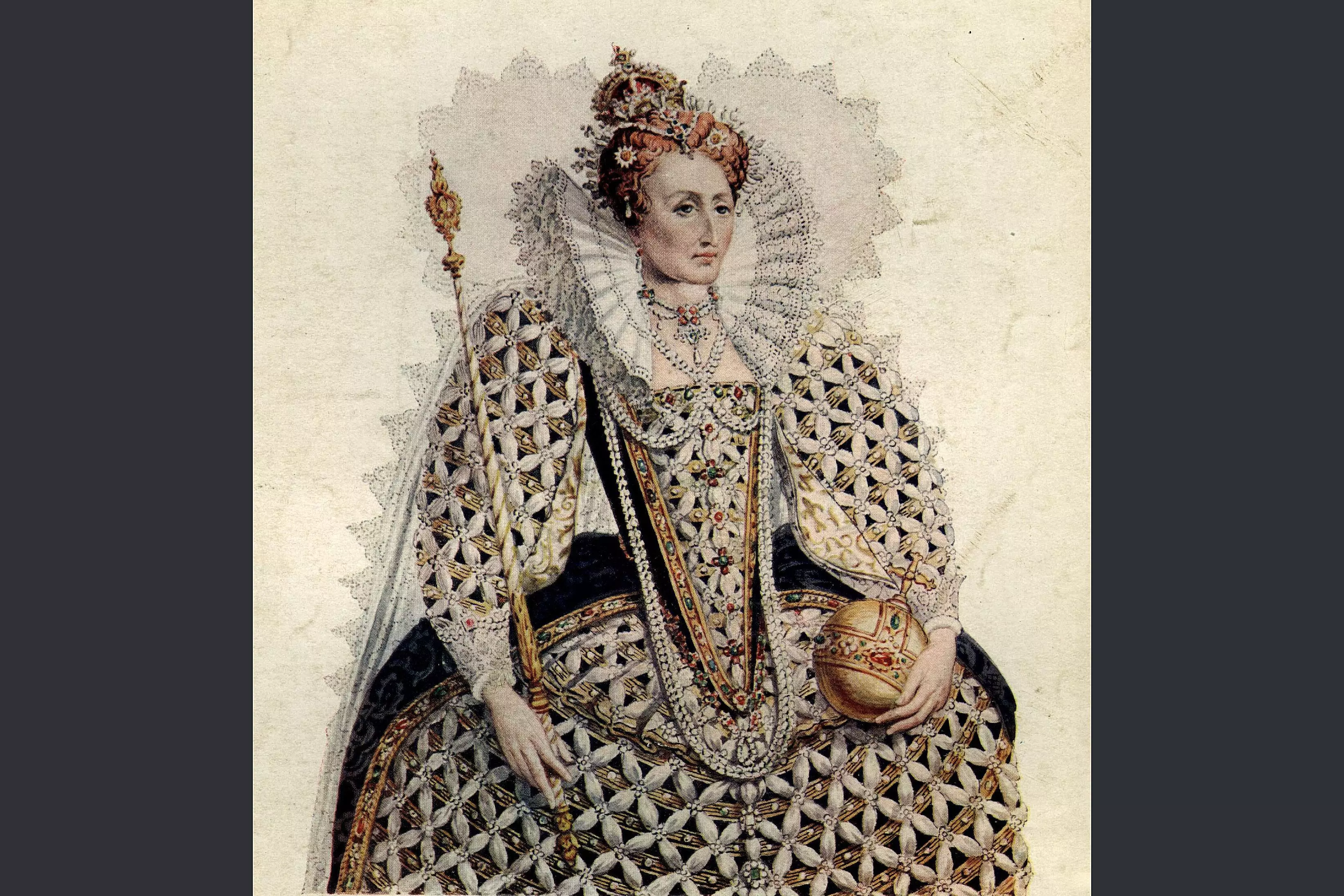 Ratu Elizabeth I dengan mahkota, tongkat kerajaan