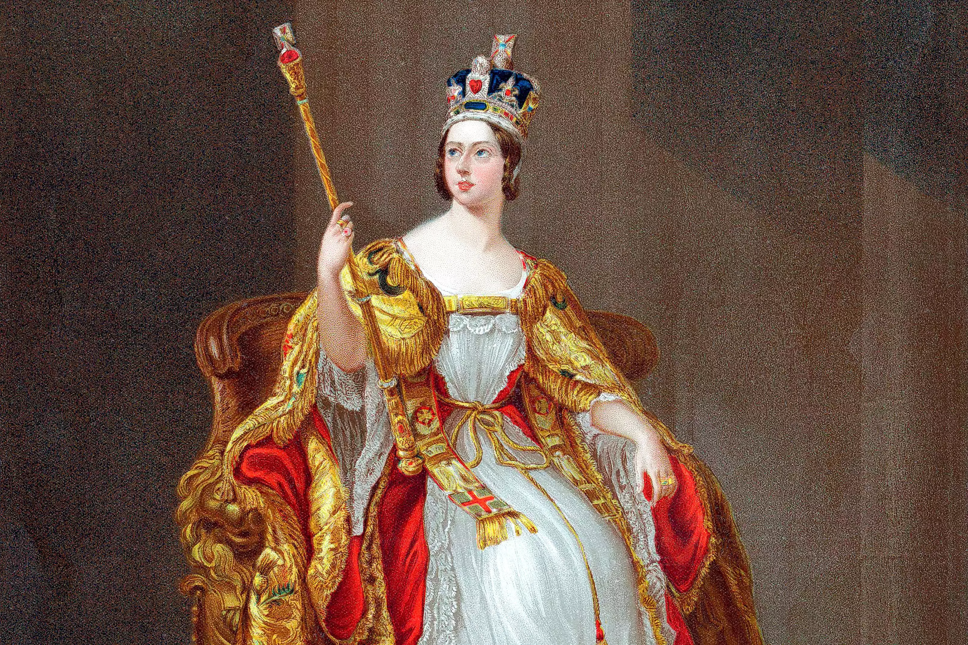 Si Queen Victoria sa trono sa iyang koronasyon nga mga kupo, nagsul-ob sa British nga korona, nga nagkupot sa setro