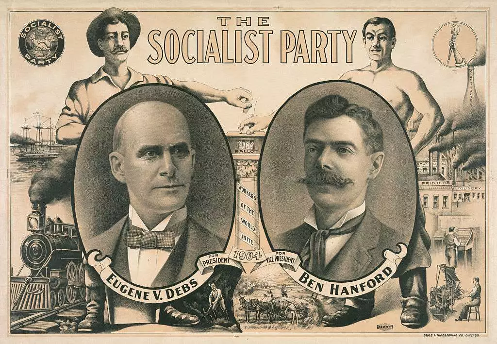 Setšoantšo sa khale sa tekete ea mopresidente oa socialist ea 1904, le Eugene V Debs le Ben Hanford.