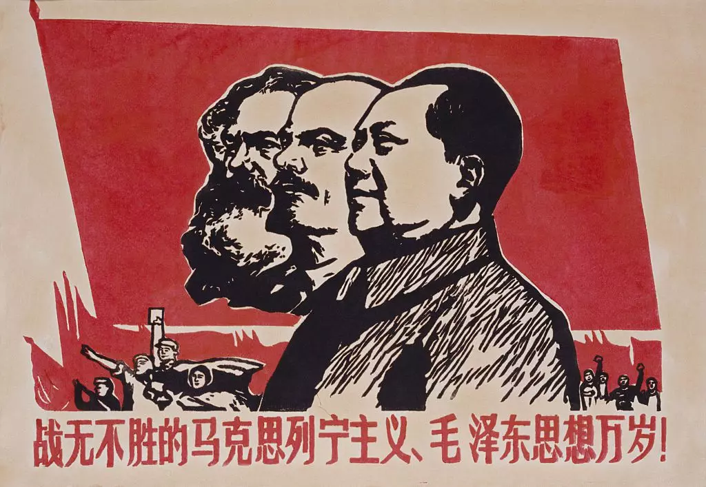 Cartaz comunista chinês com Karl Marx, Vladimir Lenin e Mao Zedong