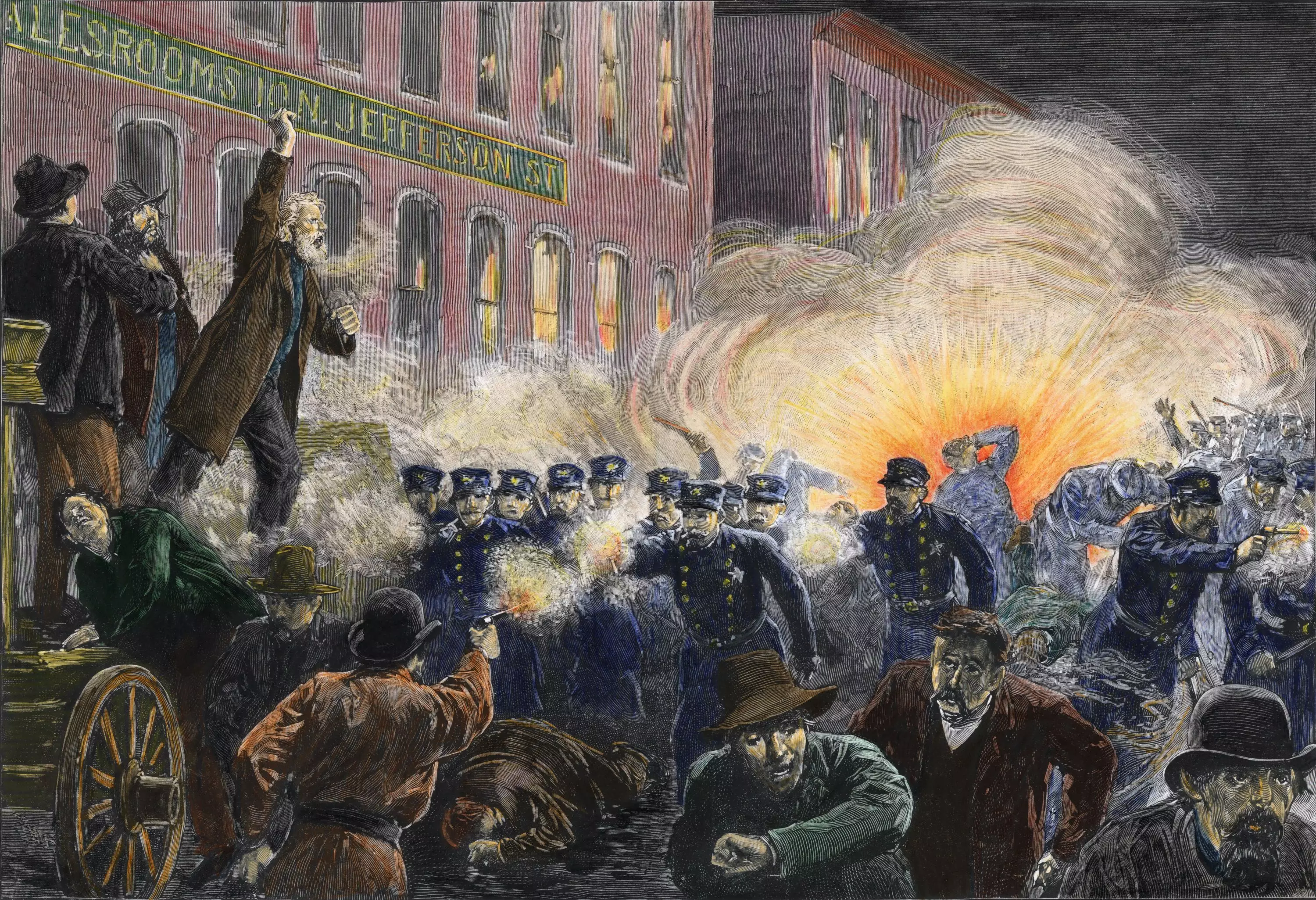 Färgillustration av 1886 Haymarket Square Riot