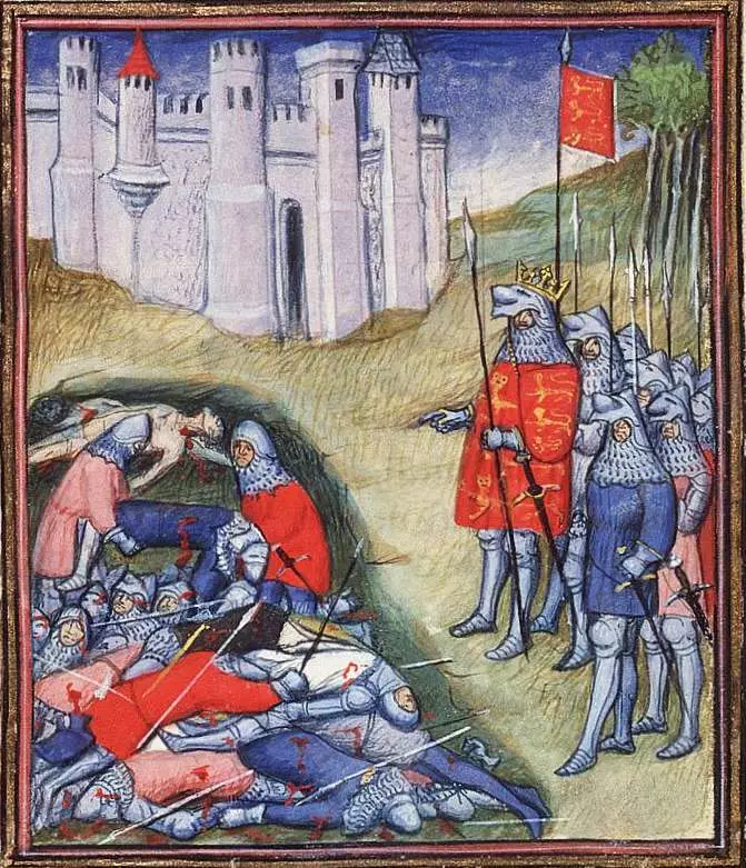 Edward III staan in sy wapenrusting en kyk na 'n hoop dooie Franse soldate.