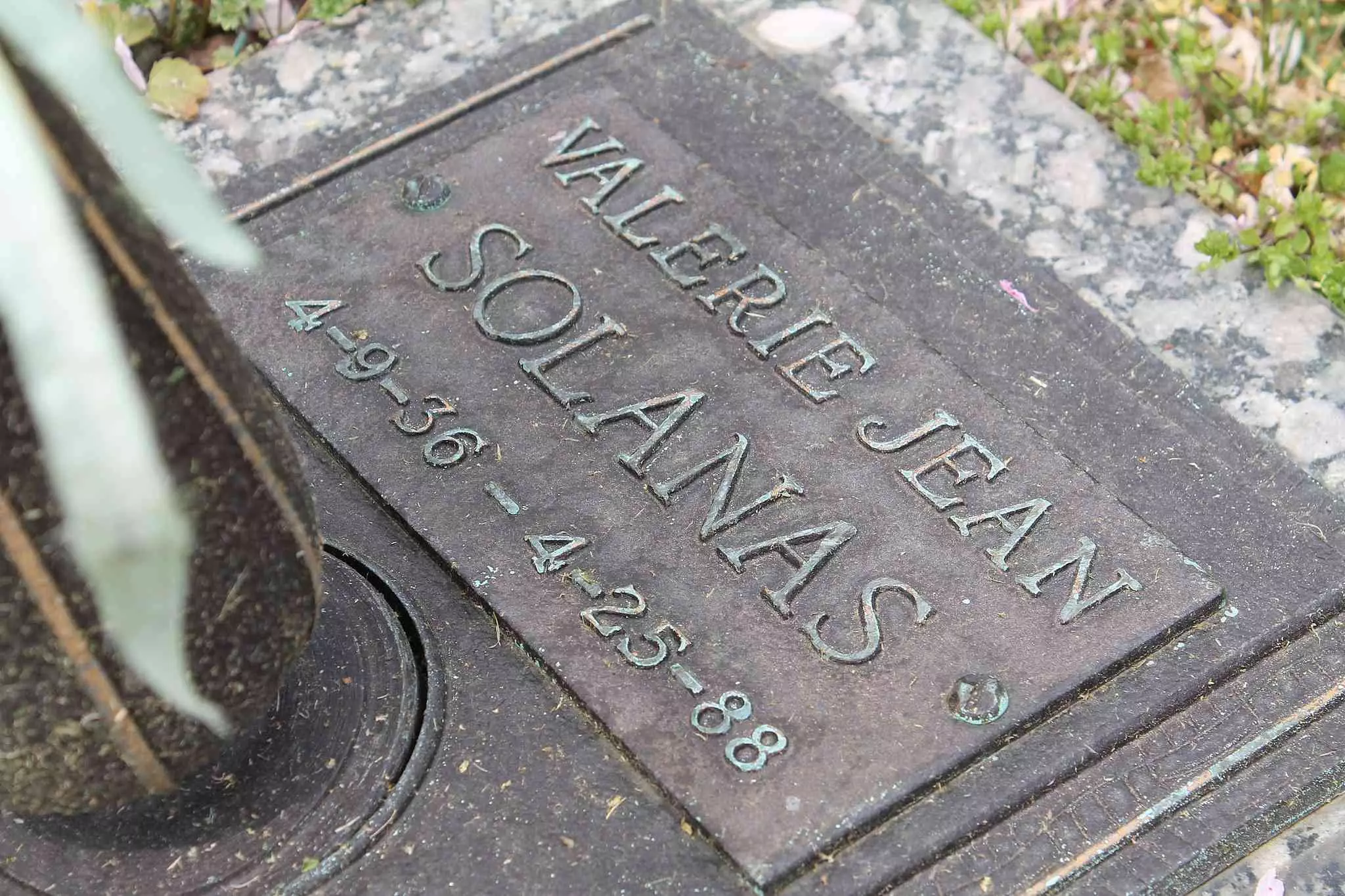แผ่นโลหะทำเครื่องหมายหลุมศพของ Valerie Solanas พร้อมชื่อและวันที่