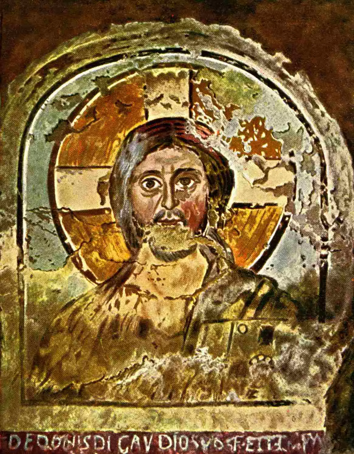 En av många tidiga skildringar av Jesus. Den här är en fresk.