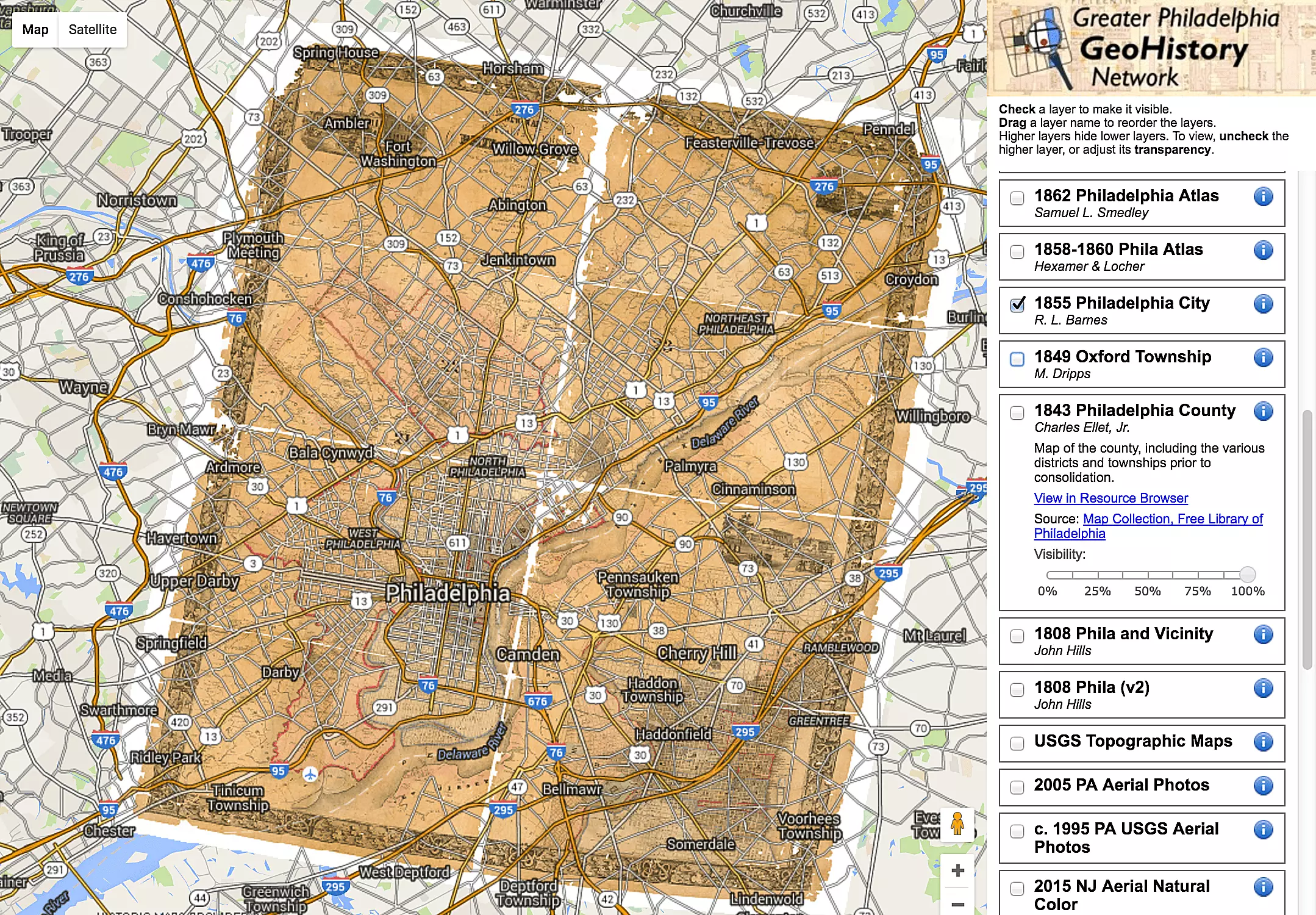 1855 Harta e qytetit të Filadelfias mbivendosur në një Google Map moderne.