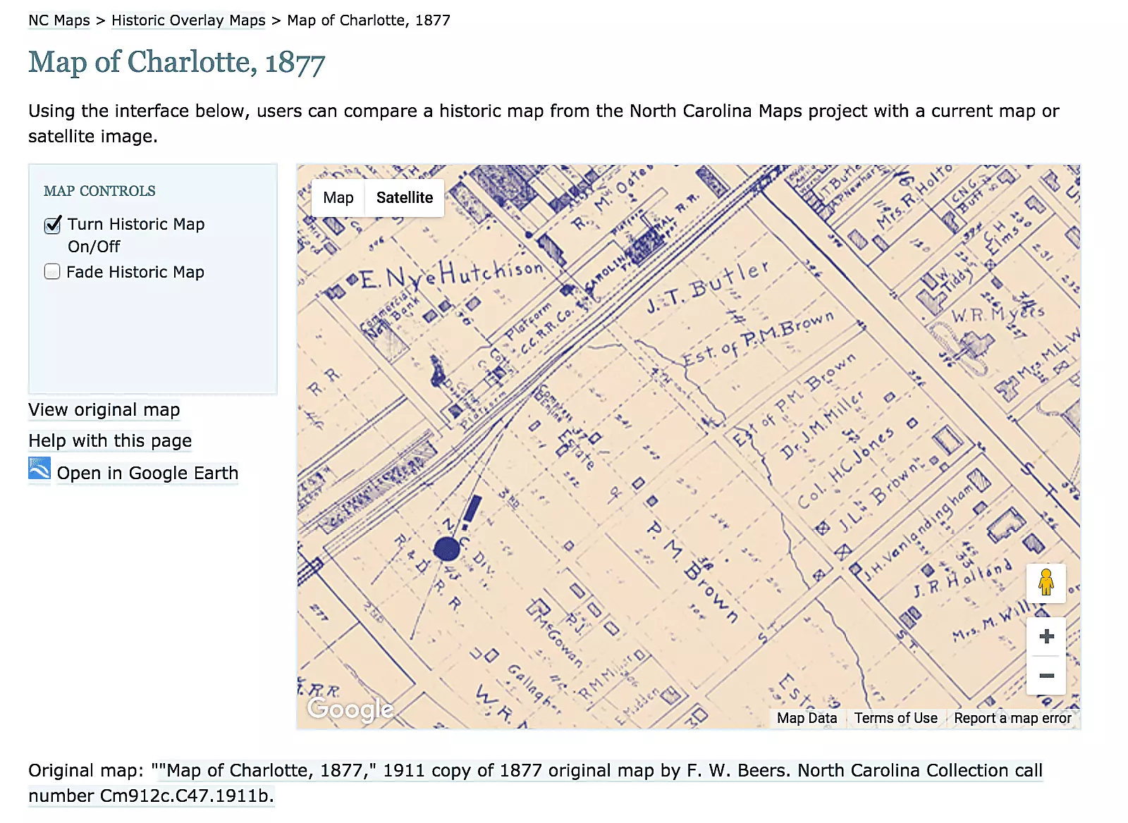 Diel fan in kaart út 1877 fan Charlotte, Noard-Karolina út 'e kolleksje NC Historic Overlay Maps.