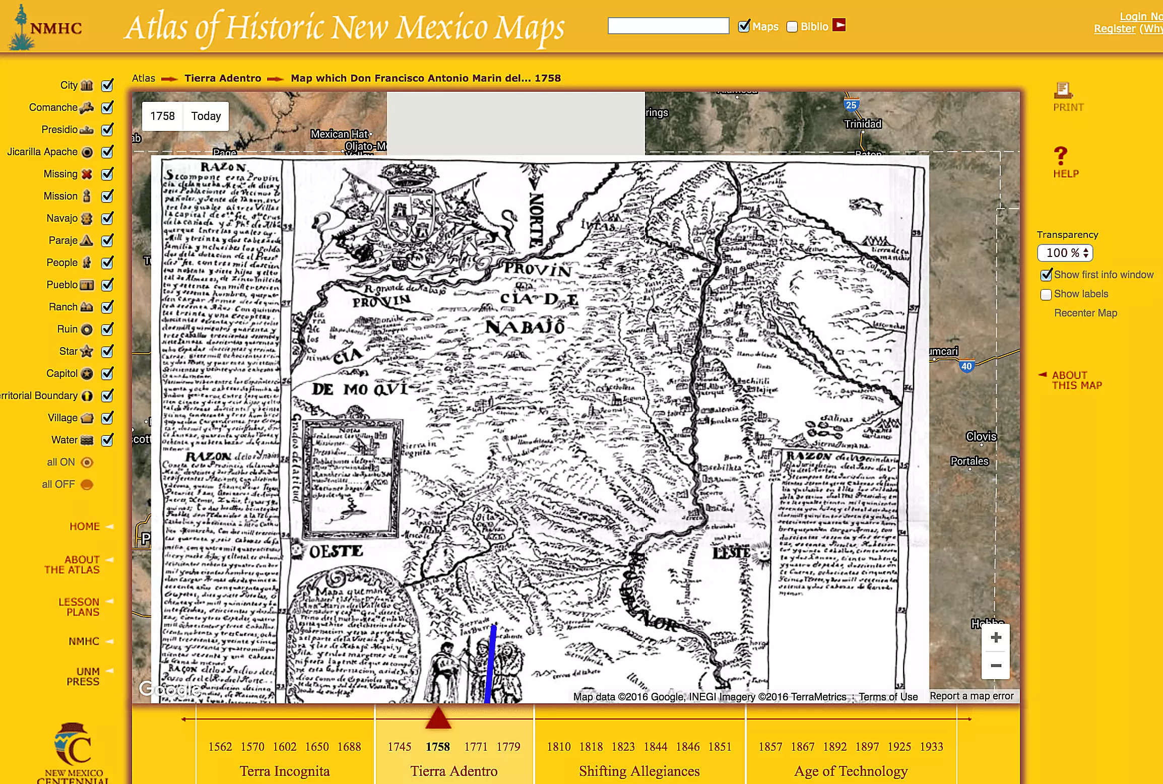 Zgodovinski zemljevidi Nove Mehike kot prekrivanja v Google Zemljevidih.