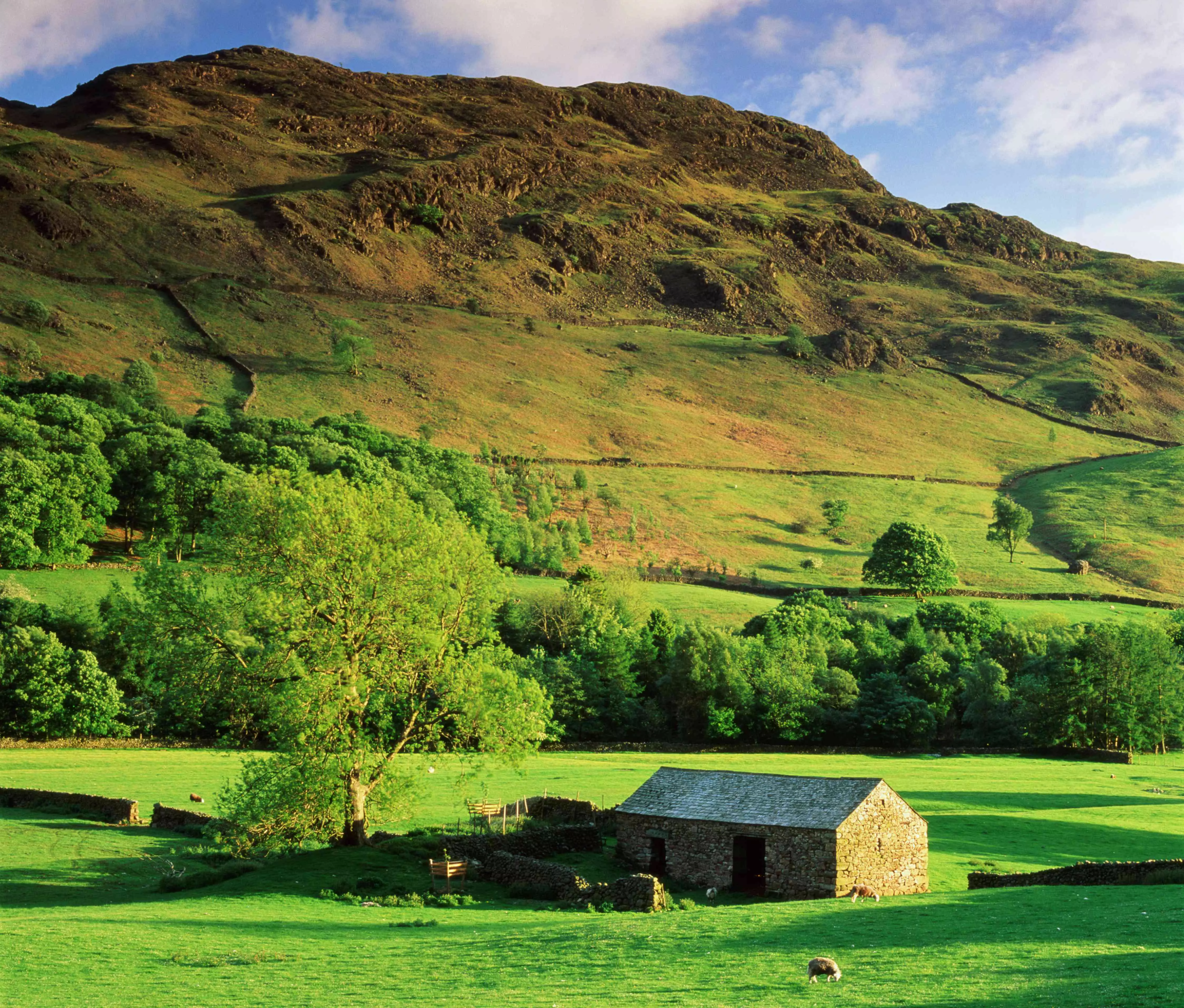 Uingereza, Cumbria, Eskdale, tazama juu ya croft katika mazingira