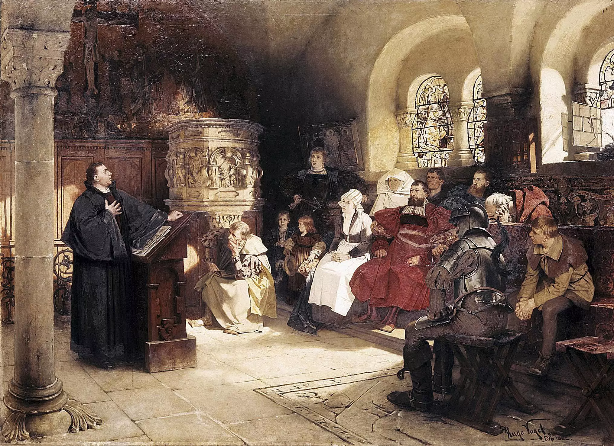 Maarten Luther predikt in Wartburg, schilderij van Hugo Vogel