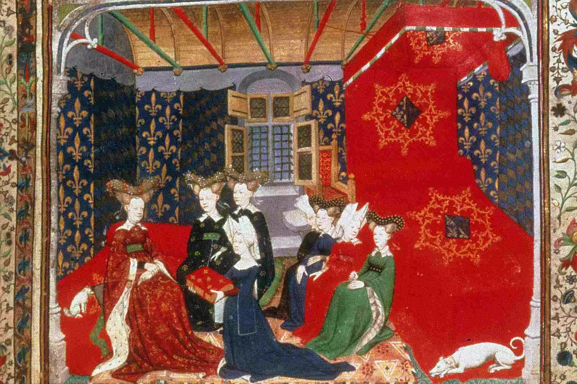 כריסטין דה פיסאן מציגה את ספרה למלכה הצרפתית איזבו דה בביירה