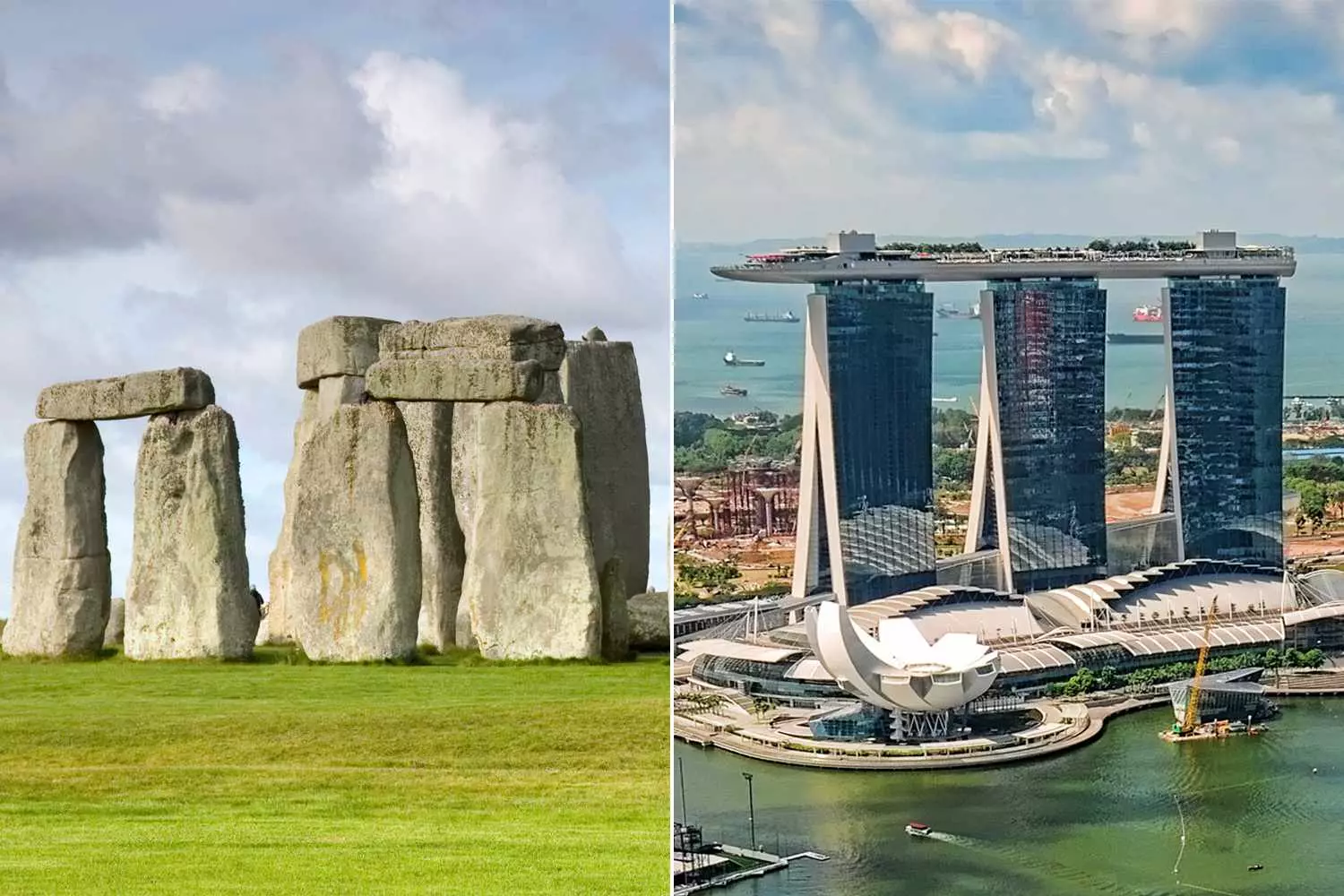 foto's langs mekaar van antieke Stonehenge en die moderne Marina Bay Sands-hotel