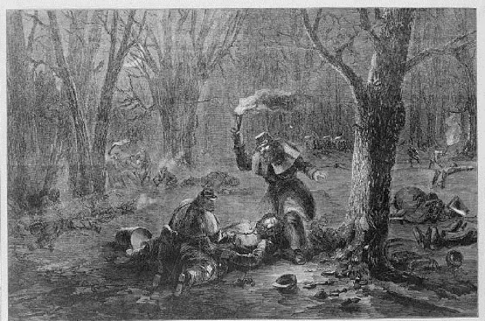 Prent met afbeeldingen van soldaten in de Amerikaanse Burgeroorlog