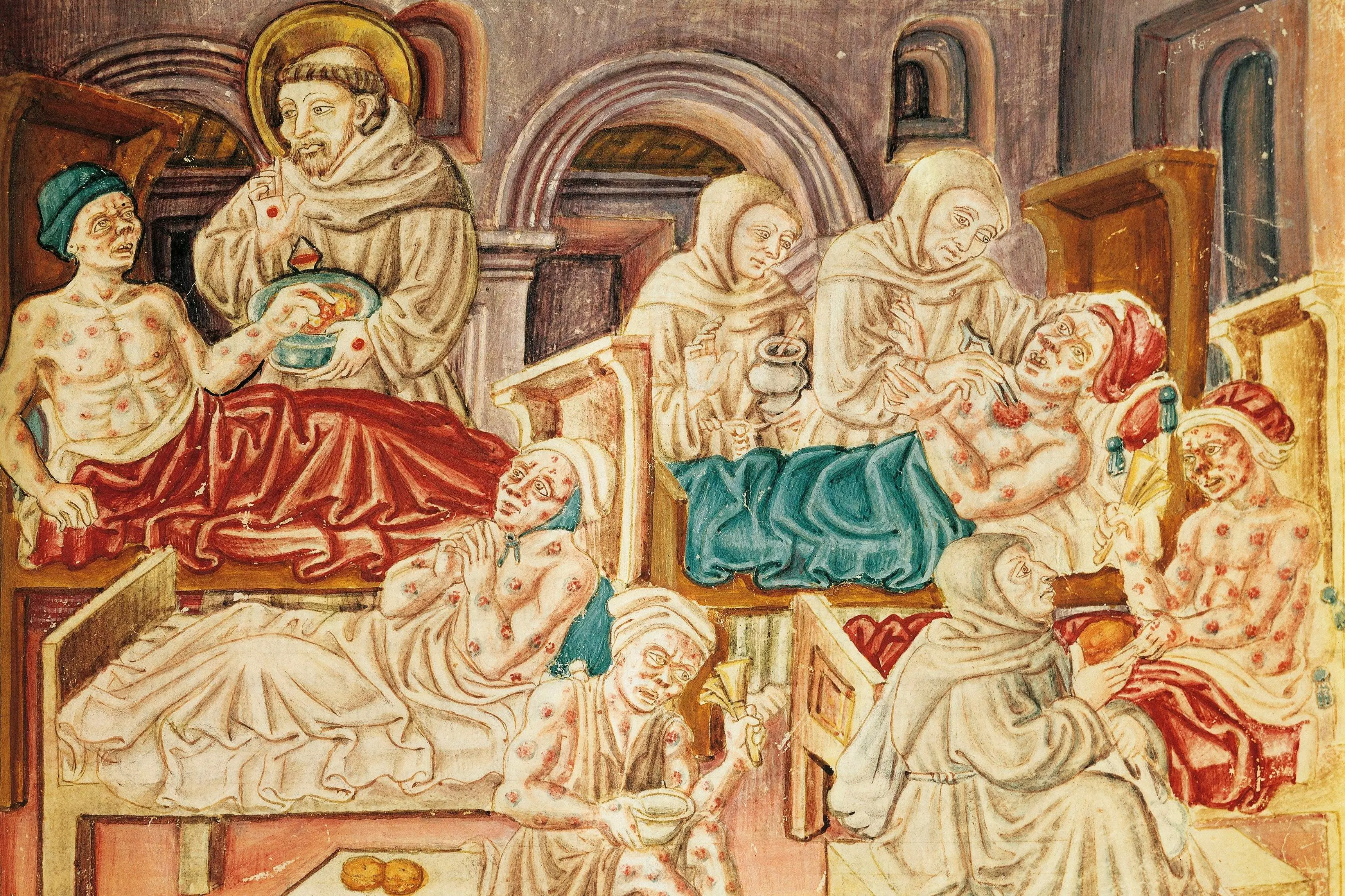 પ્લેગના પીડિતોની સારવાર કરતા ફ્રાન્સિસ્કન્સ, લા ફ્રાન્સિસચીના, સીએ 1474, જેકોપો ઓડી (15મી સદી) દ્વારા કોડેક્સનું લઘુચિત્ર. ઇટાલી, 15મી સદી.