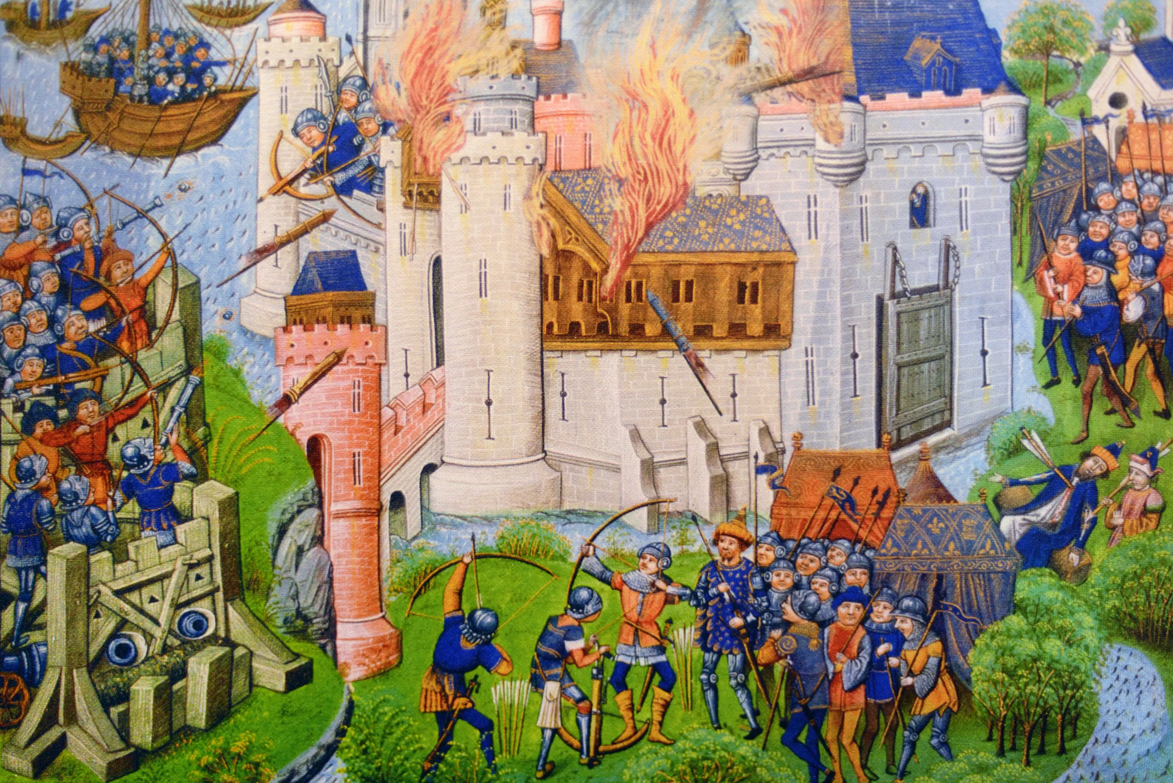 برطانیہ اور فرانس کے درمیان 100 سالہ جنگ کے دوران آگ لگانے والے راکٹوں کے ساتھ جنگ کا منظر اور محاصرہ