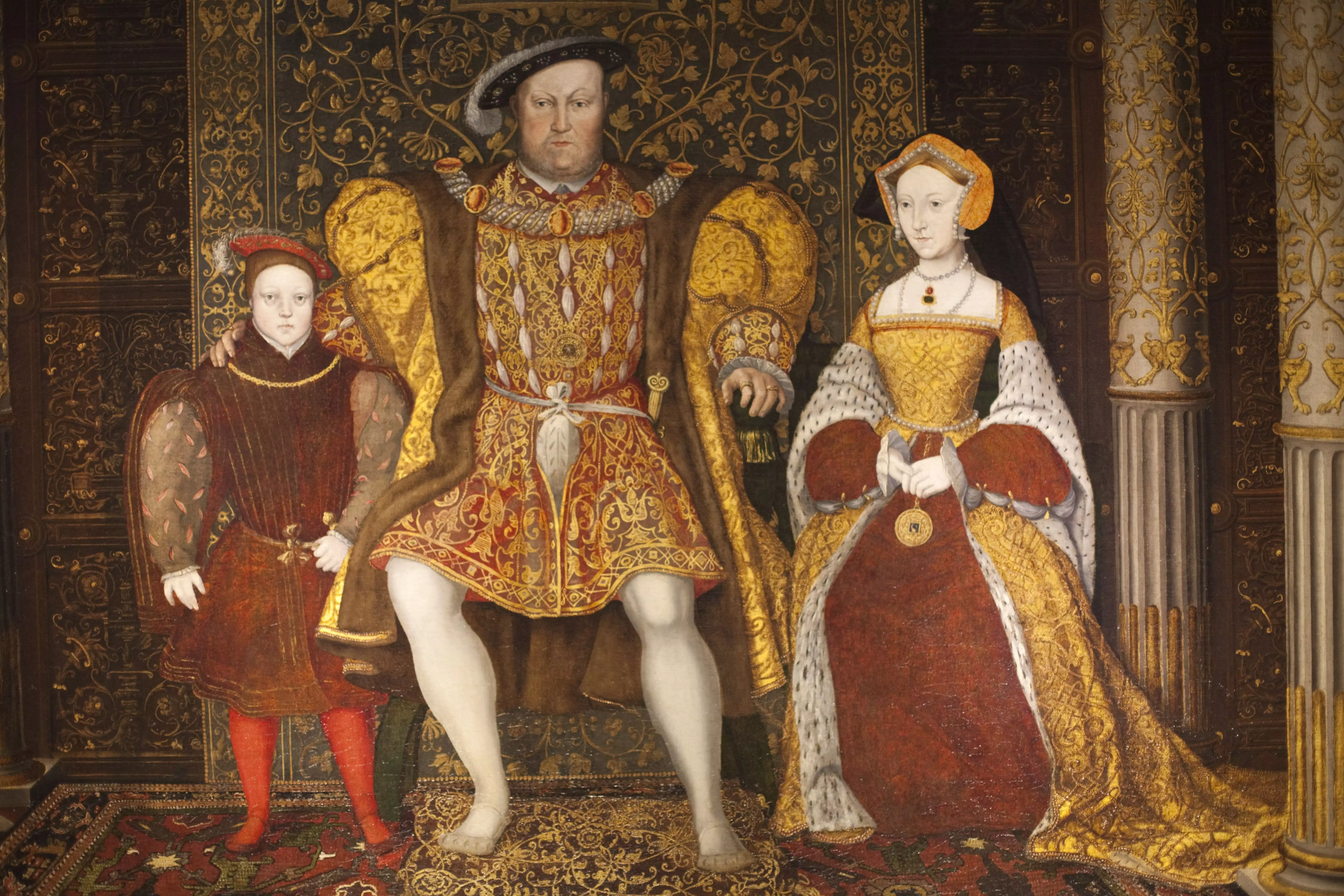 King Henry VIII, Jane Seymour, thiab Tub Vaj Ntxwv Edward tau pleev xim rau hauv Great Hall ntawm Hampton Court Palace hauv London