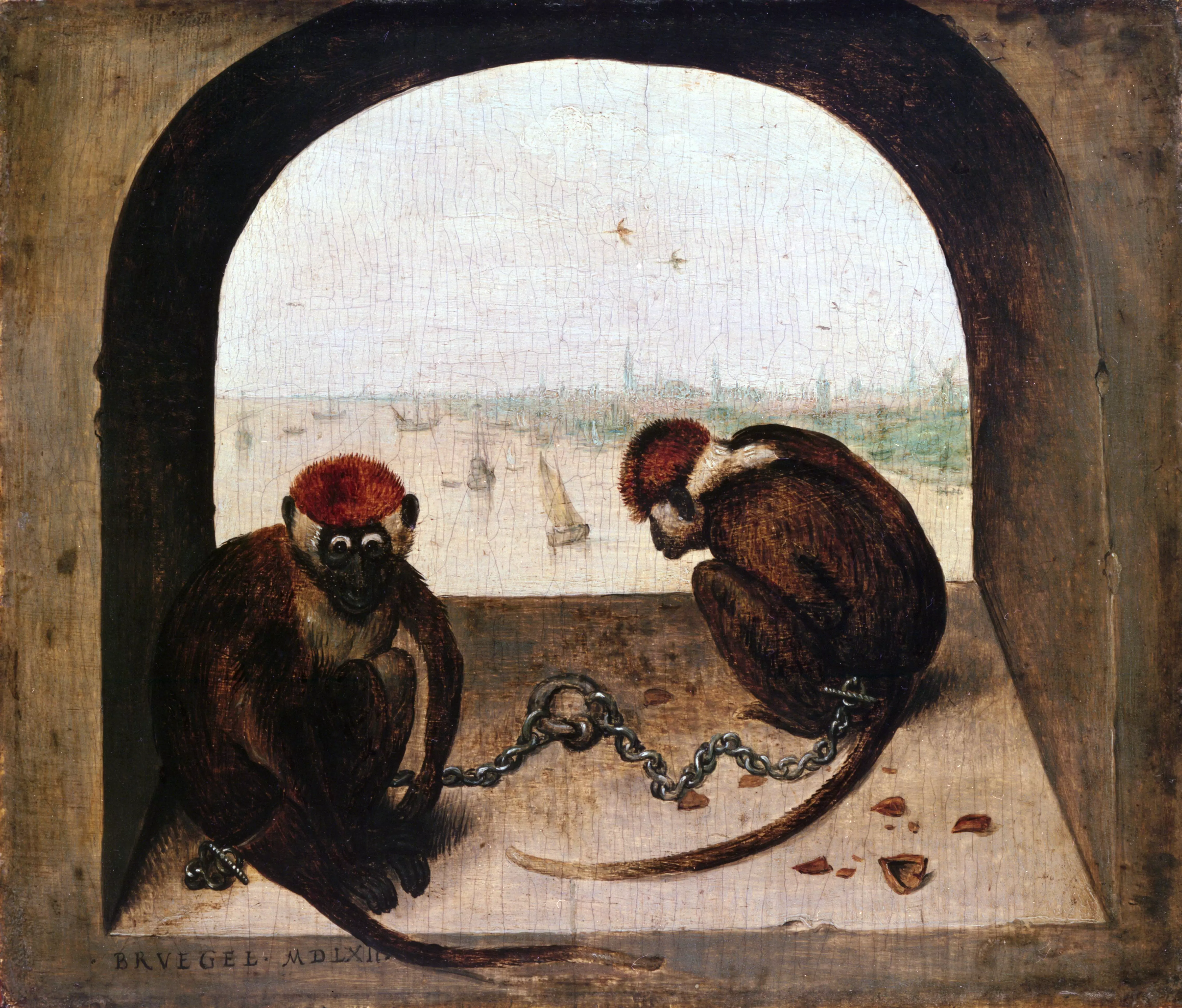 Két leláncolt majom ül az íves ablakban, ahonnan a vitorlások kikötőjére nyílik kilátás
