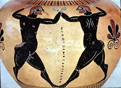 Petinju, satu dengan darah, oleh pelukis Nikosthenes. Amphora Gambar Hitam Loteng, ca. 520-510 SM