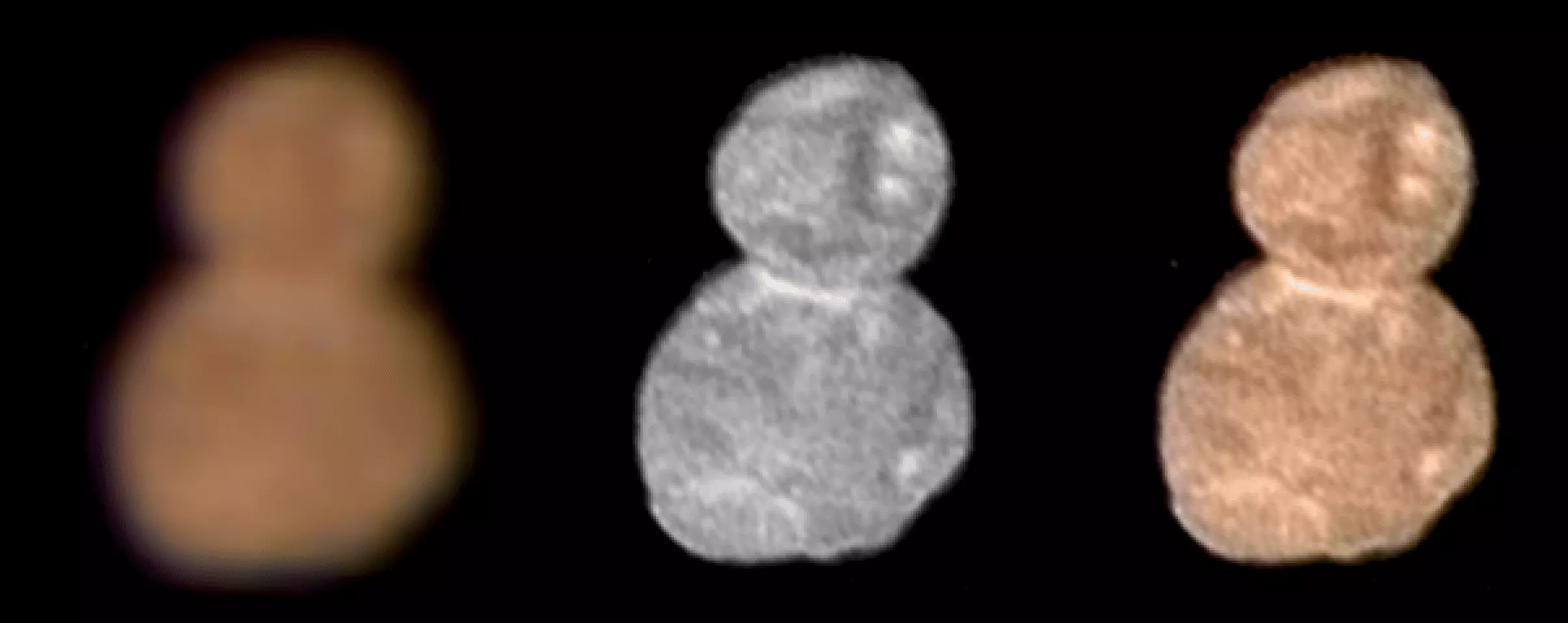 La unuaj kolorbildoj de 2014 MU69 Ultima Thule. La ruĝeta materialo verŝajne estas tegaĵo kreita per transviola lumo-interagoj kun la glacioj.