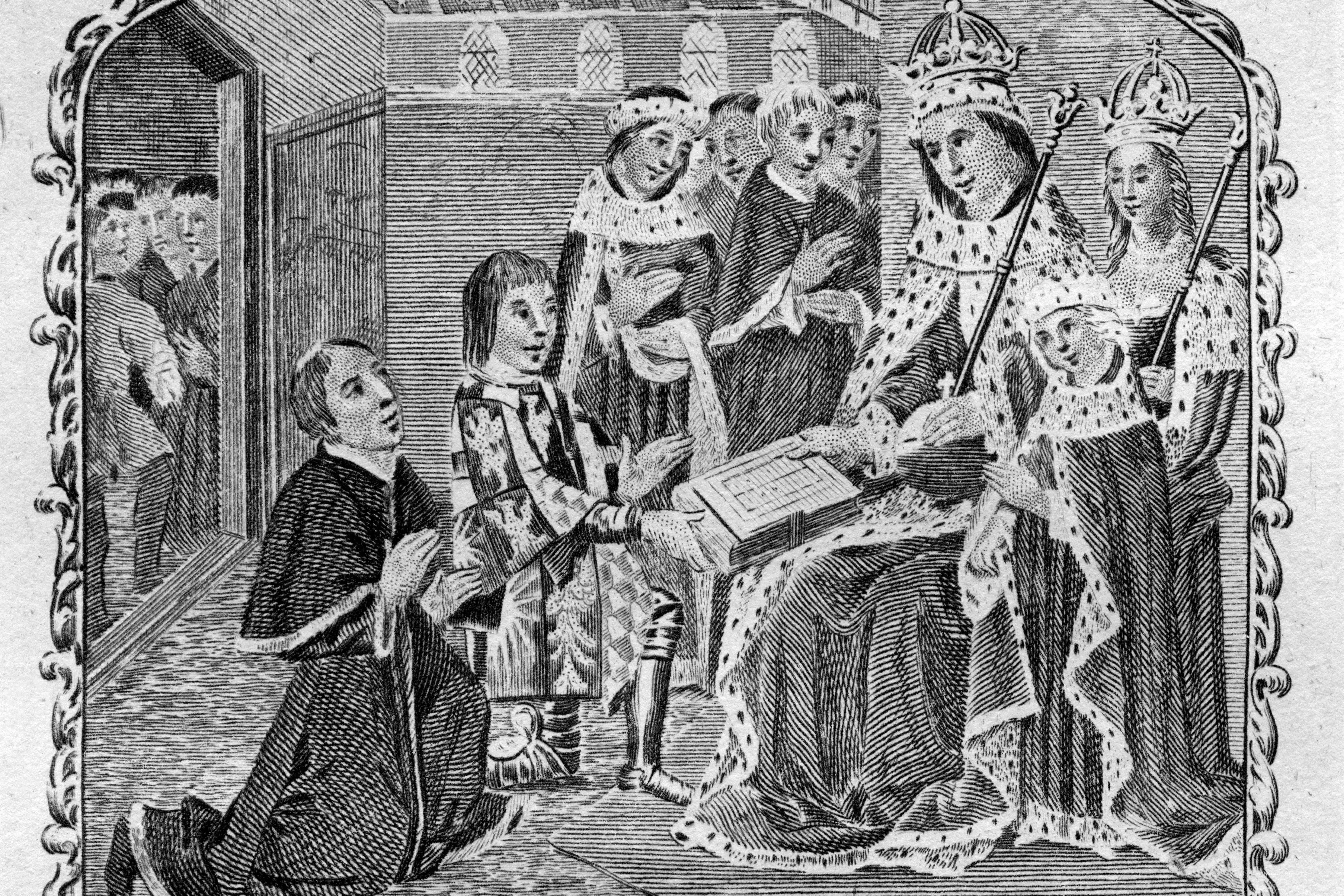 ジャケッタの息子であるアールリバーズは、エドワード4世に翻訳を与えます。エリザベスウッドビルは王の後ろに立っています。