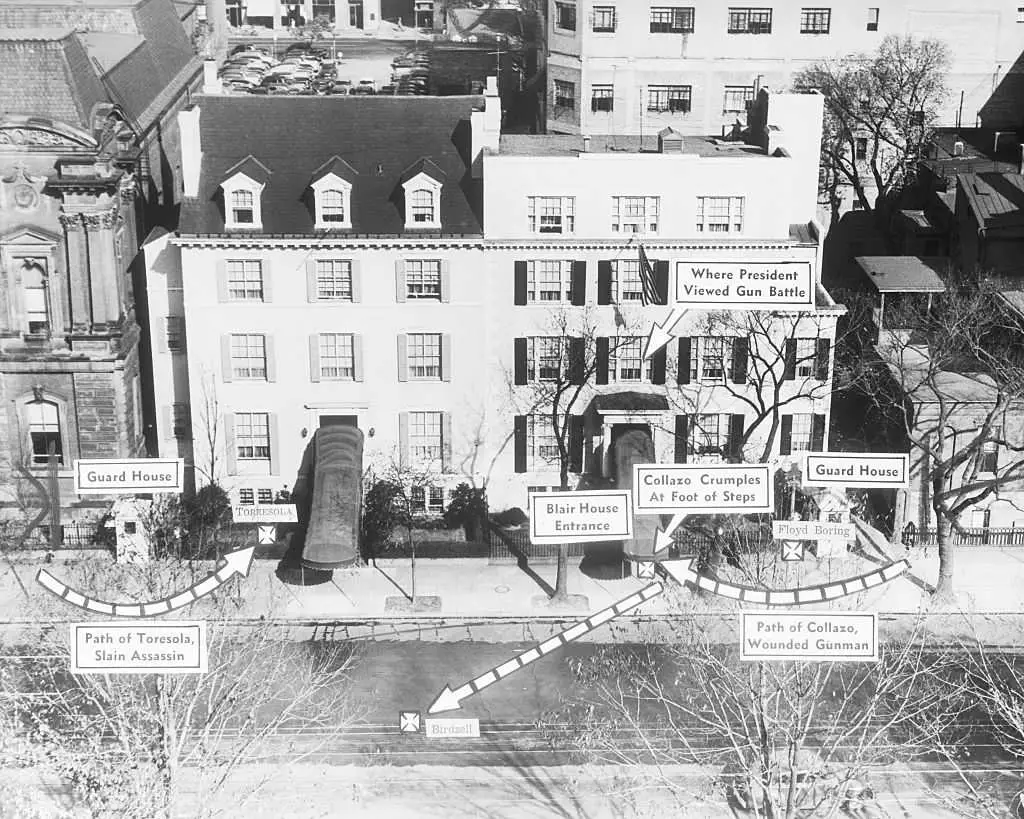 Blair House'un diyagram görünümü, Başkan Truman'ın hayatına kast edilen sahne